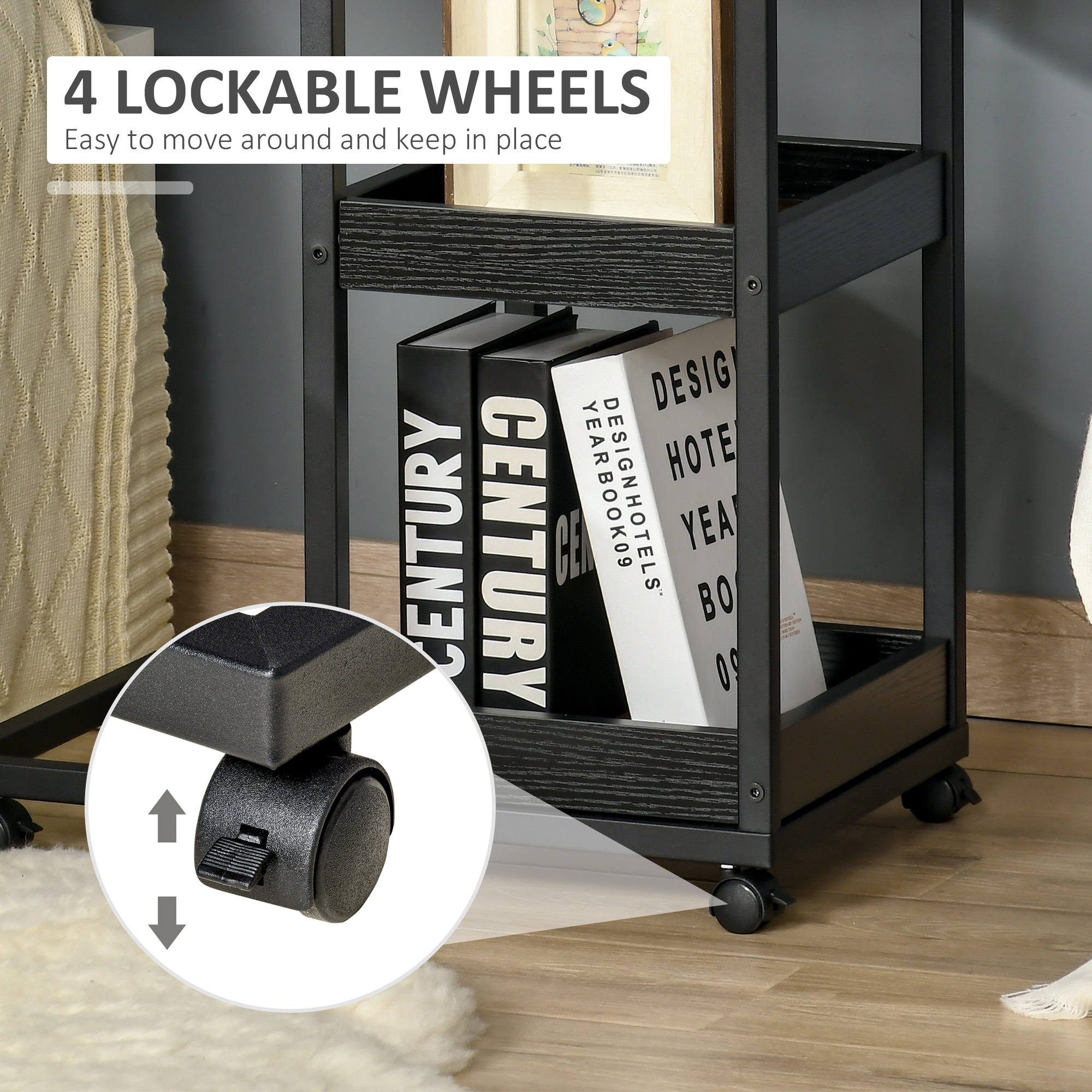 HOMCOM Industrial Mobile Sofa Side Table C-Shaped Rolling Couch Table ...