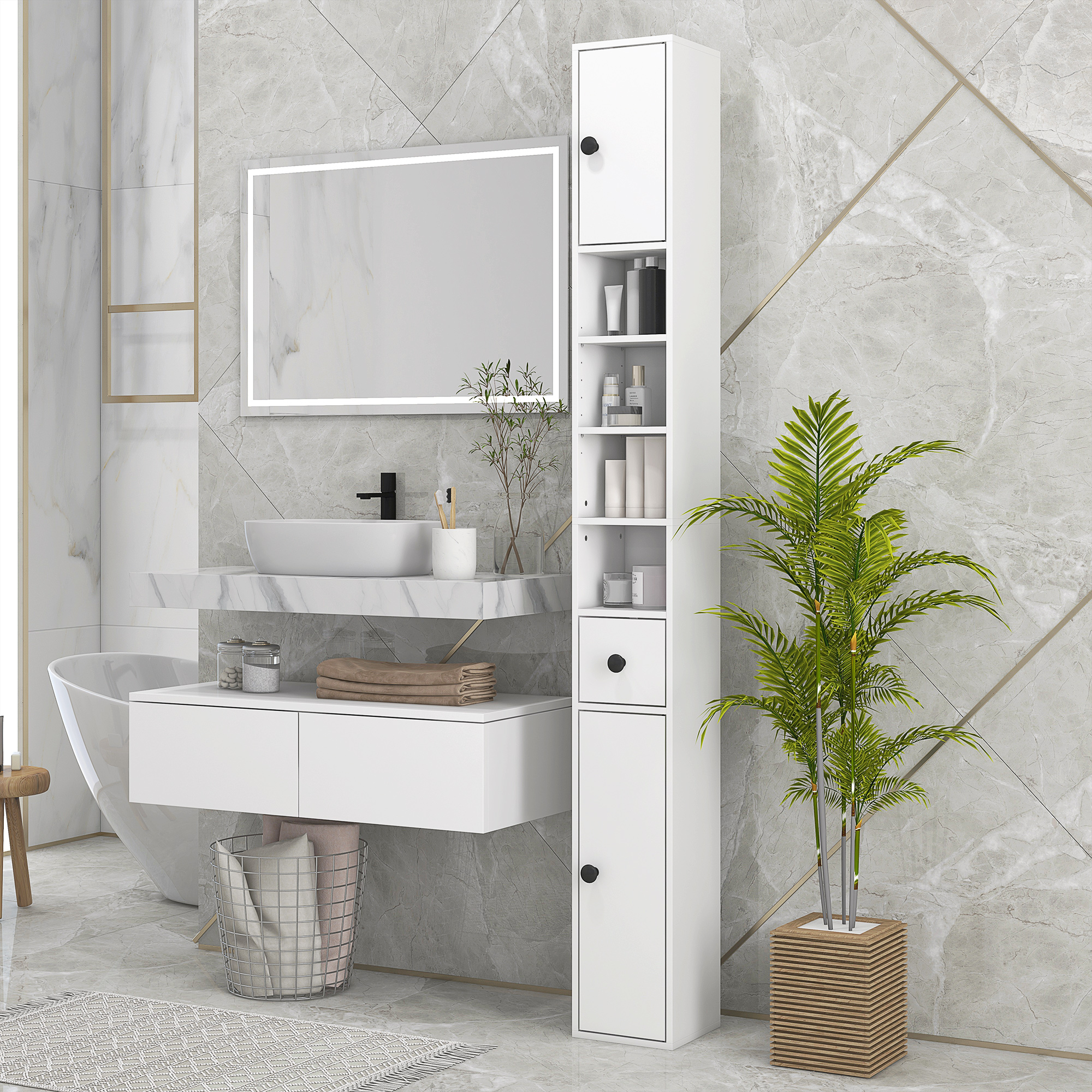 Kleankin 180cm Tall Slim Bathroom Cabinet Narrow Toilet Roll Storage with Open Shelves 2 Door Cabinets Adjustable Shelves for Kitchen Hallway Living Room White Aosom UK