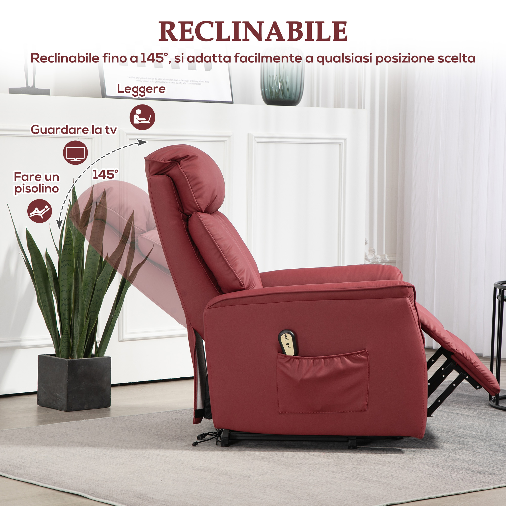 HOMCOM Poltrona Relax Reclinabile Alzapersone e Telecomando Rosso ...