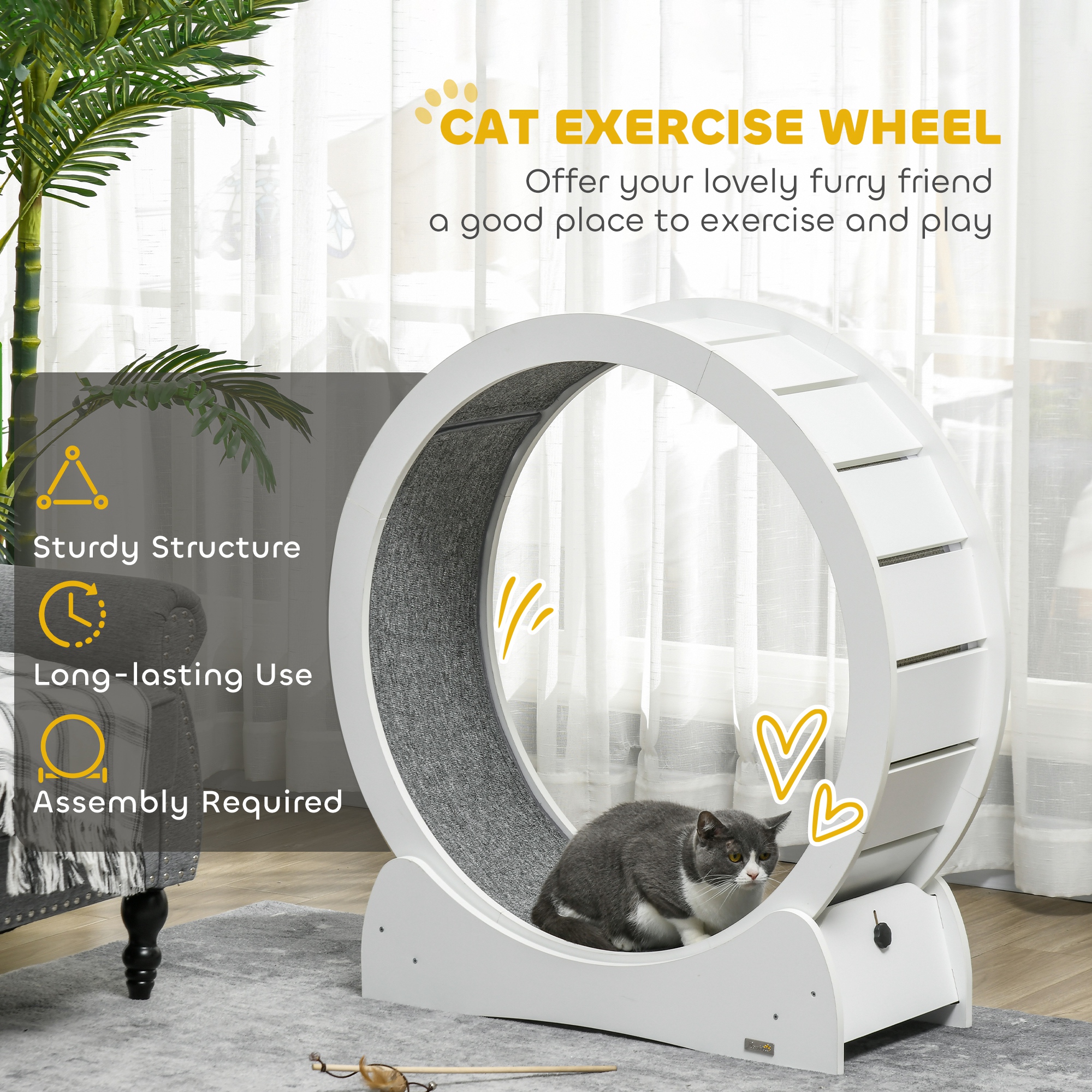 PawHut 30" Wooden Cat Running Wheel with Brake, White | Aosom UK
