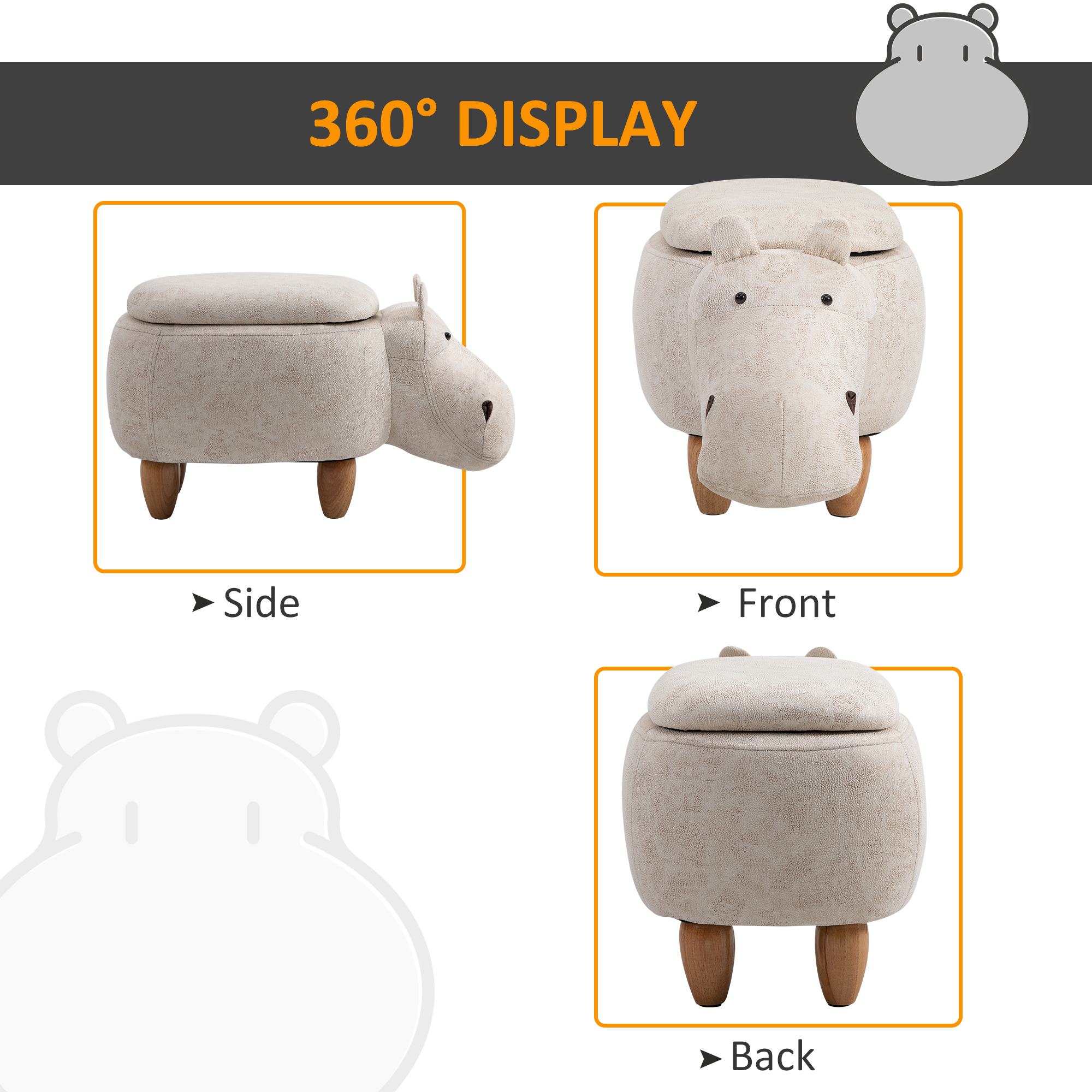 HOMCOM Hippo Storage Stool Cute Decoration Footrest Wood Frame Legs ...