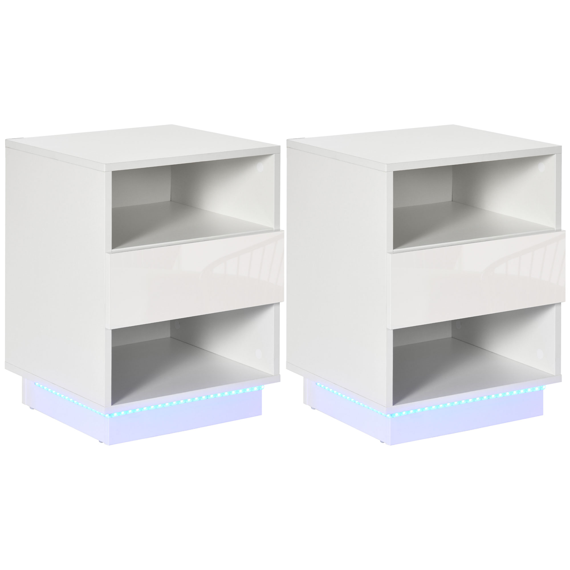 HOMCOM Comodini con LED Set 2 Pezzi con Cassetto 2 Ripiani Aperti ...