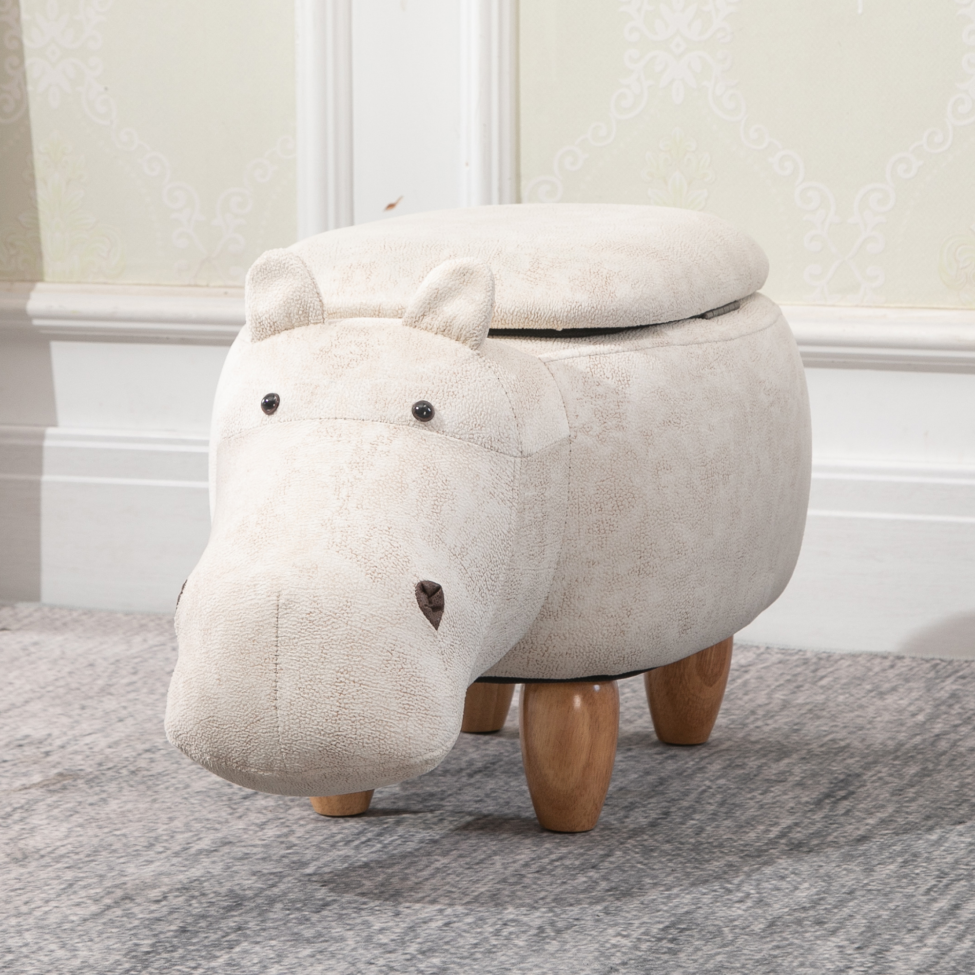 HOMCOM Hippo Storage Stool Cute Decoration Footrest Wood Frame Legs ...