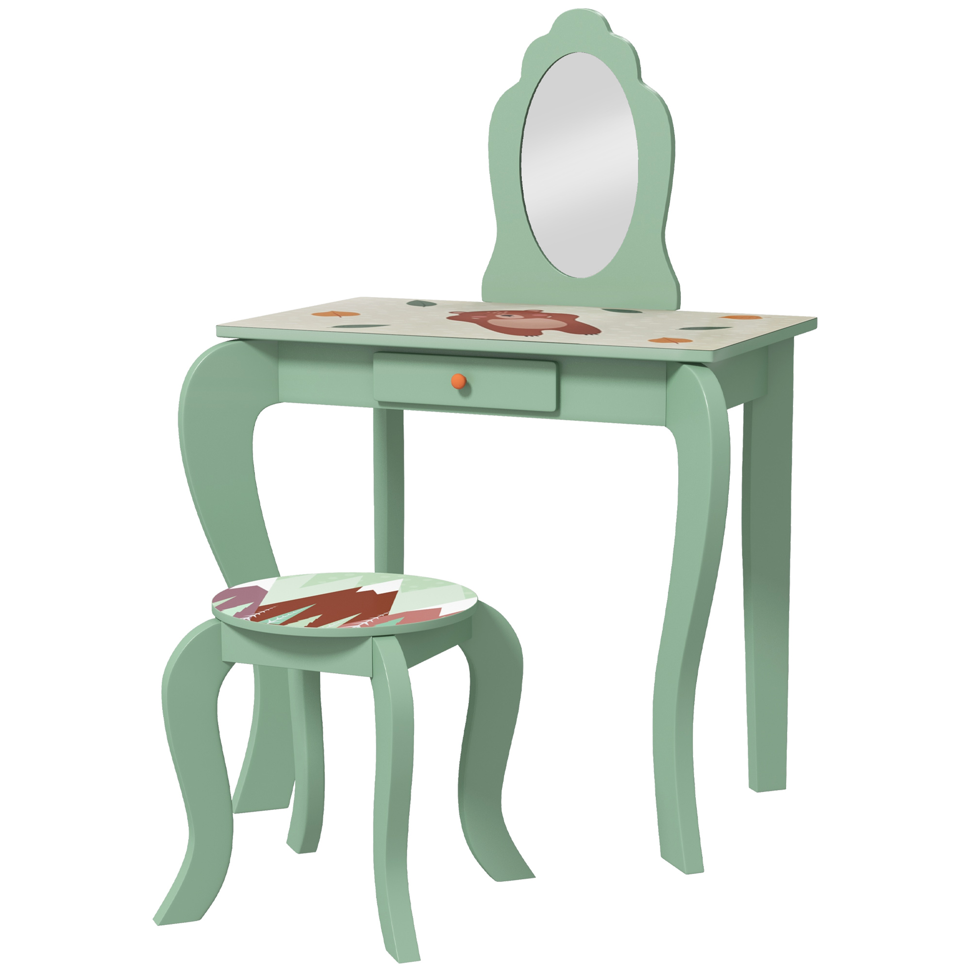 ZONEKIZ Kids Dressing Table with Mirror, Stool, Drawer, Cute Animal ...