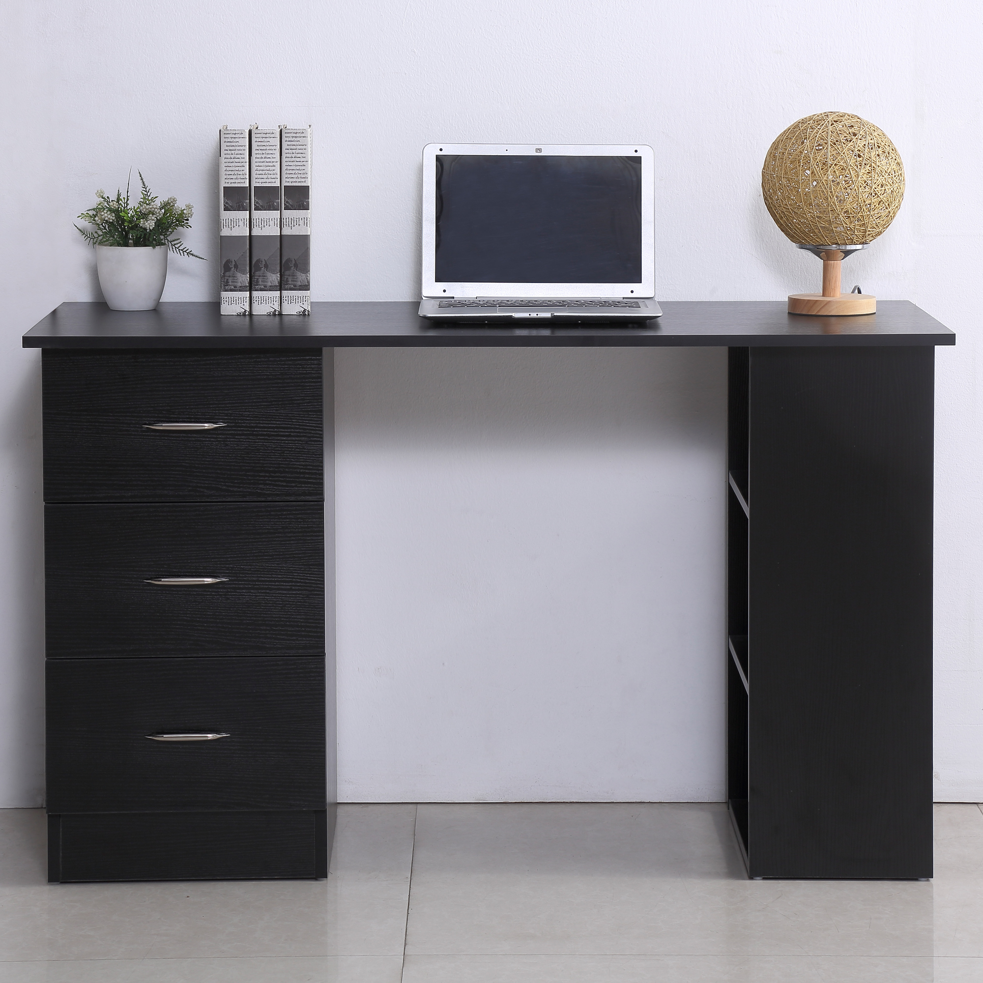 HOMCOM Computer Desk Writing PC Table Shelf & Drawers Black 120H cm ...