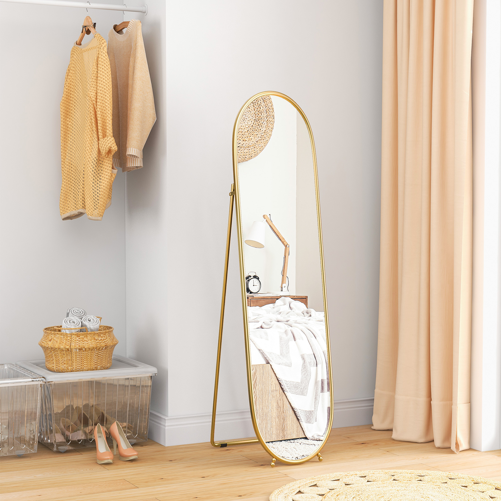 HOMCOM Grand miroir sur pied, miroir ovale, cadre en métal doré, avec ...