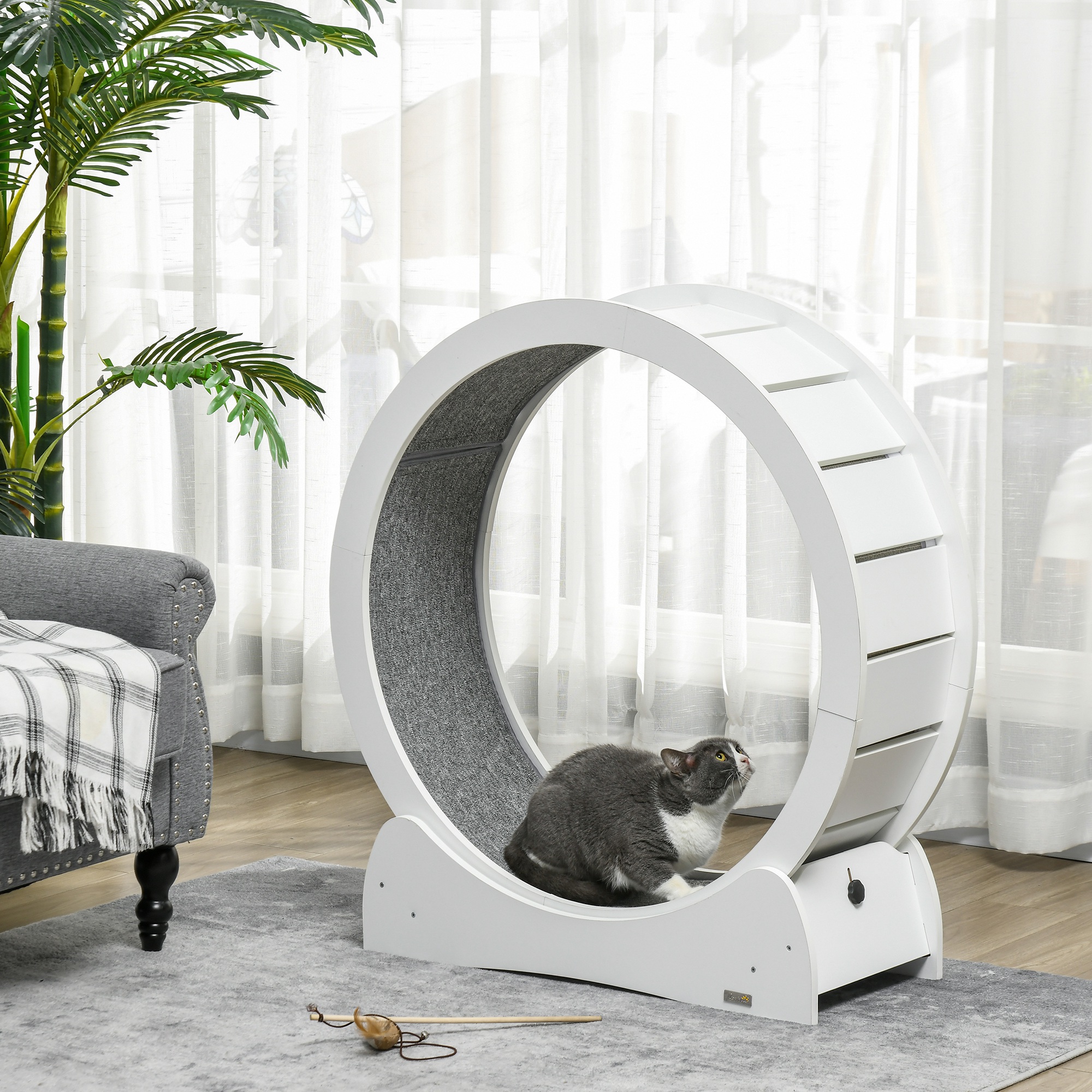 PawHut 30" Wooden Cat Running Wheel with Brake, White | Aosom UK