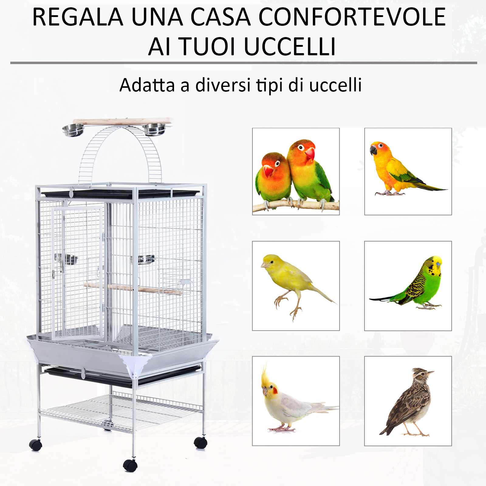 PawHut Voliera per Uccelli con Ruote Altezza 161.5cm, Vaschette in ...
