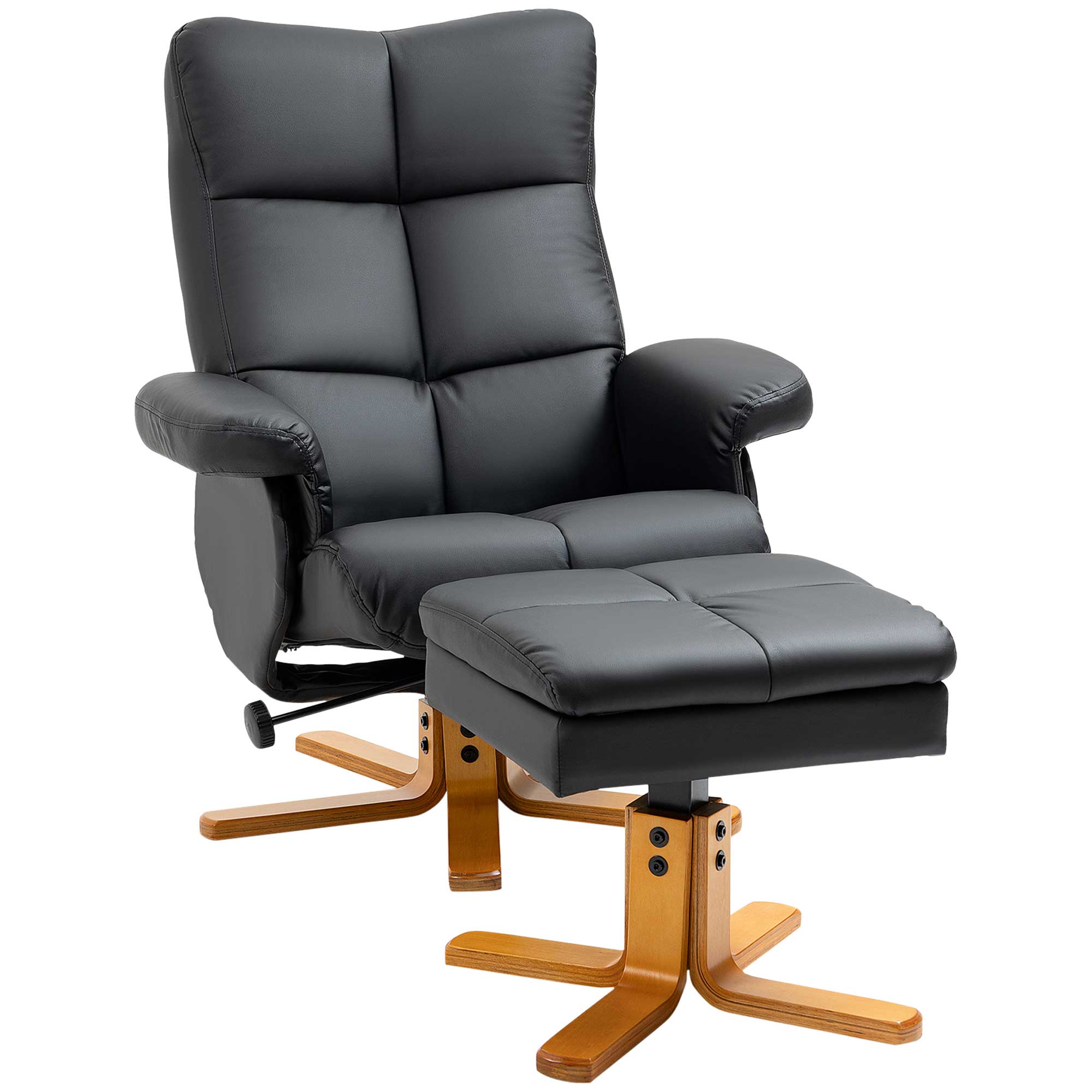 HOMCOM Faux Leather Swivel Recliner Chair with Footstool, Wooden Base ...