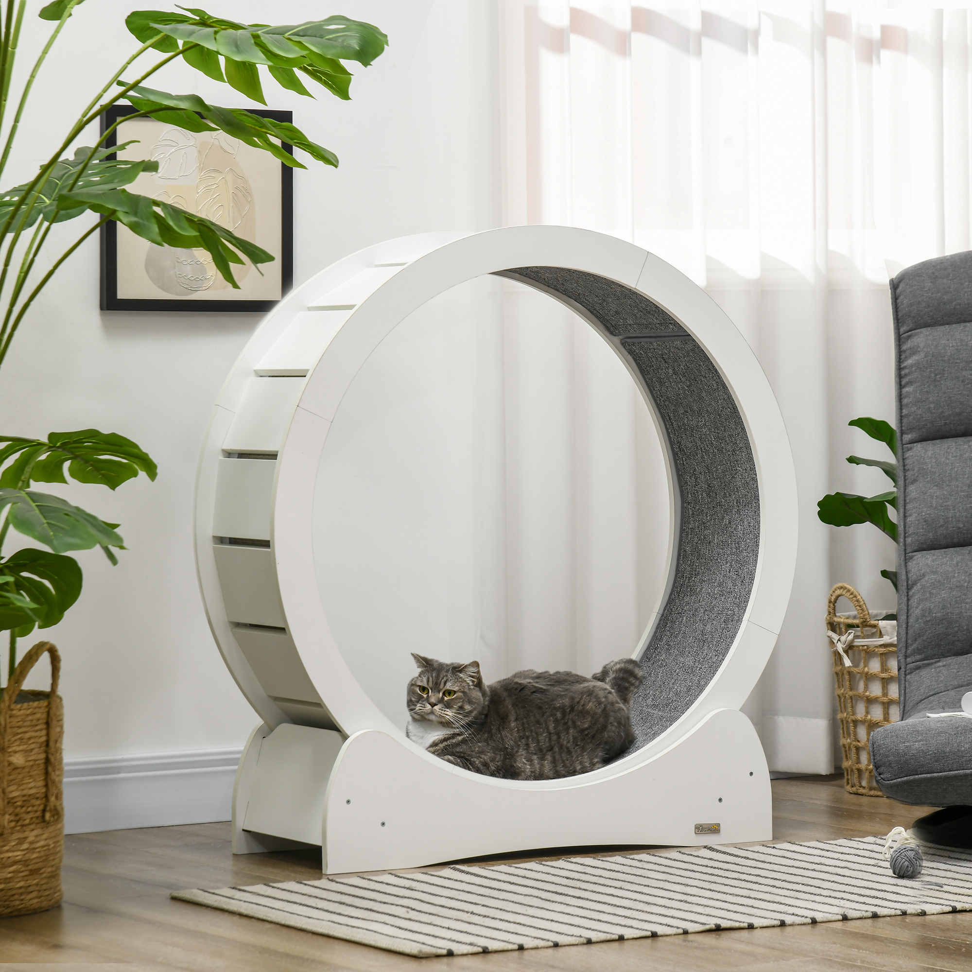 PawHut 30" Wooden Cat Running Wheel with Brake, White | Aosom UK