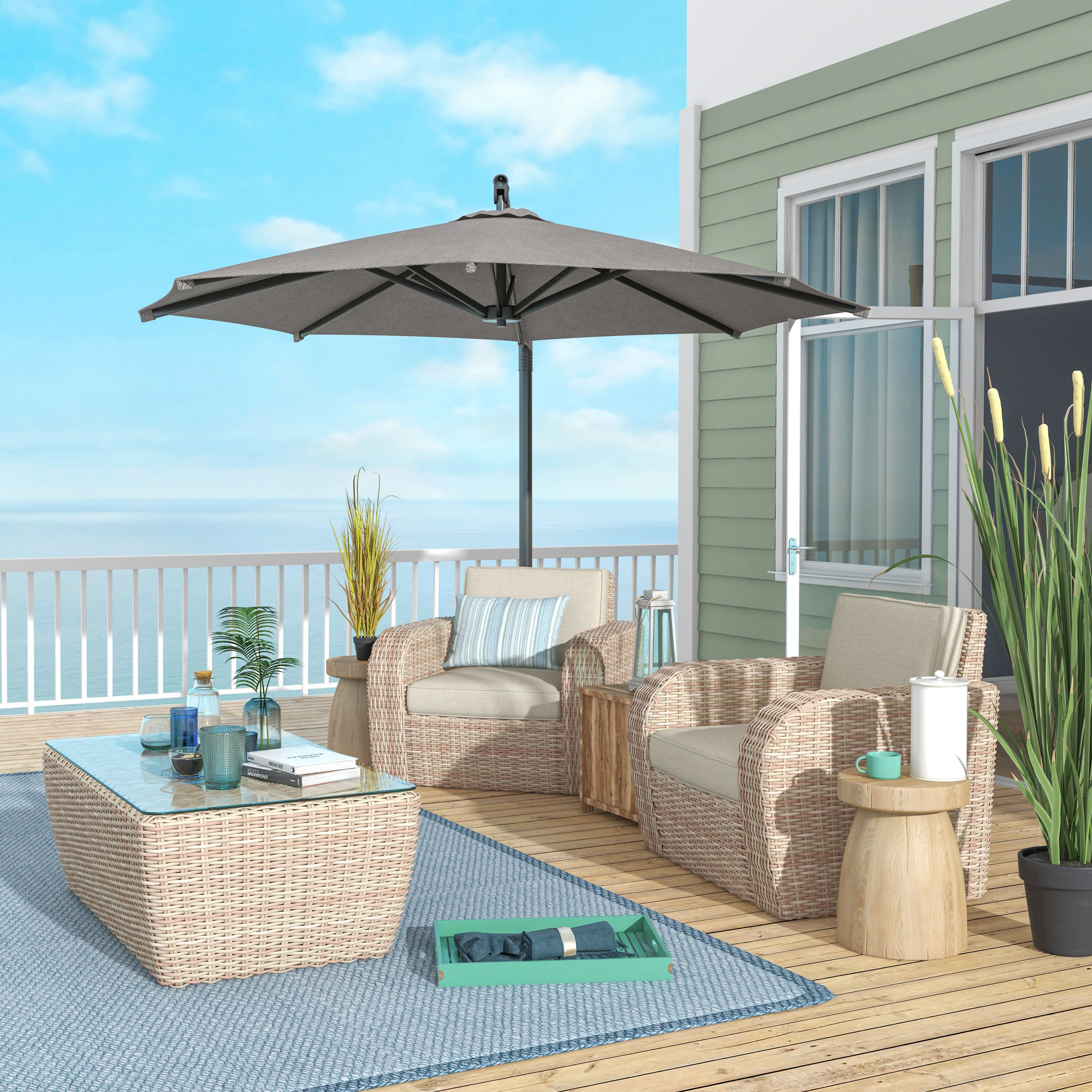 Outsunny 3m Overhanging Parasol, with 360° Rotating Movement - Dark ...