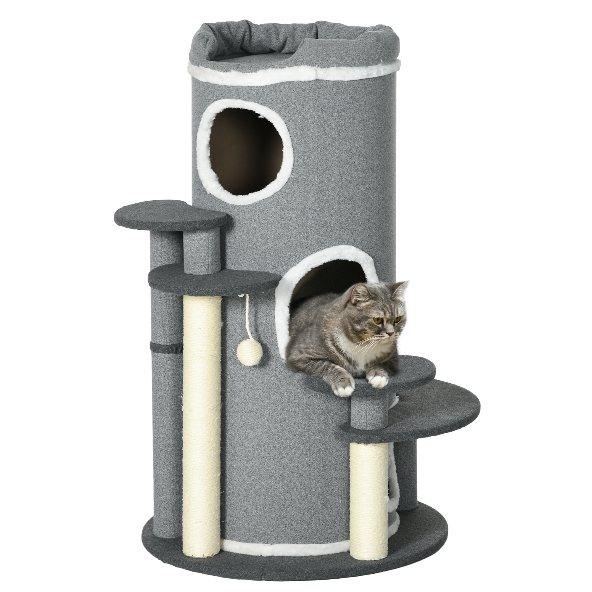 PawHut Barrel Shaped Cat Tree with Sisal Scratching Posts, Cat Bed ...