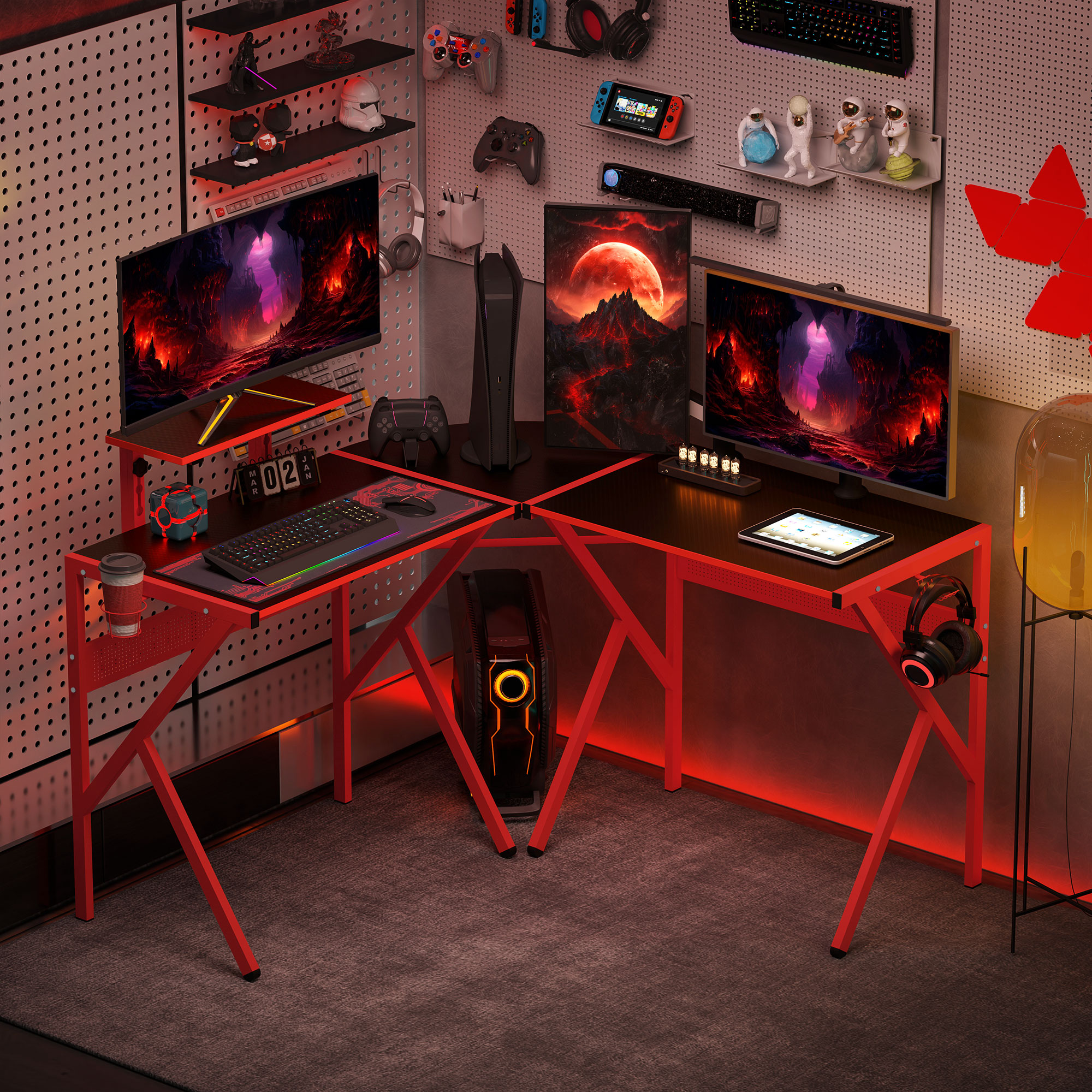 HOMCOM Gaming Desk L-Shaped Corner Computer Table for Home Office PC ...
