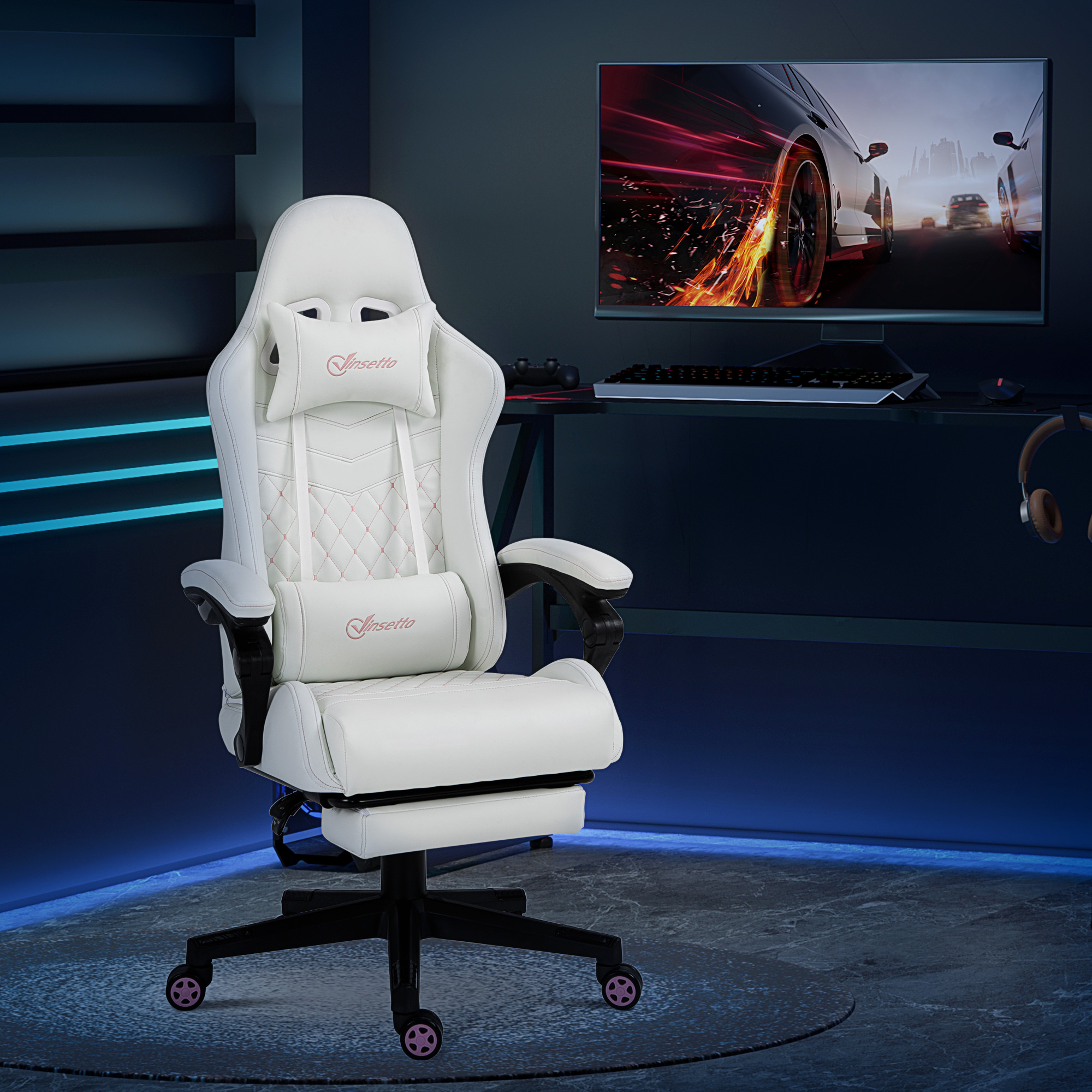 Vinsetto Racing Gaming Chair with Swivel Wheel Footrest PU Leather Recliner Gamer Desk for Home Office White Aosom UK