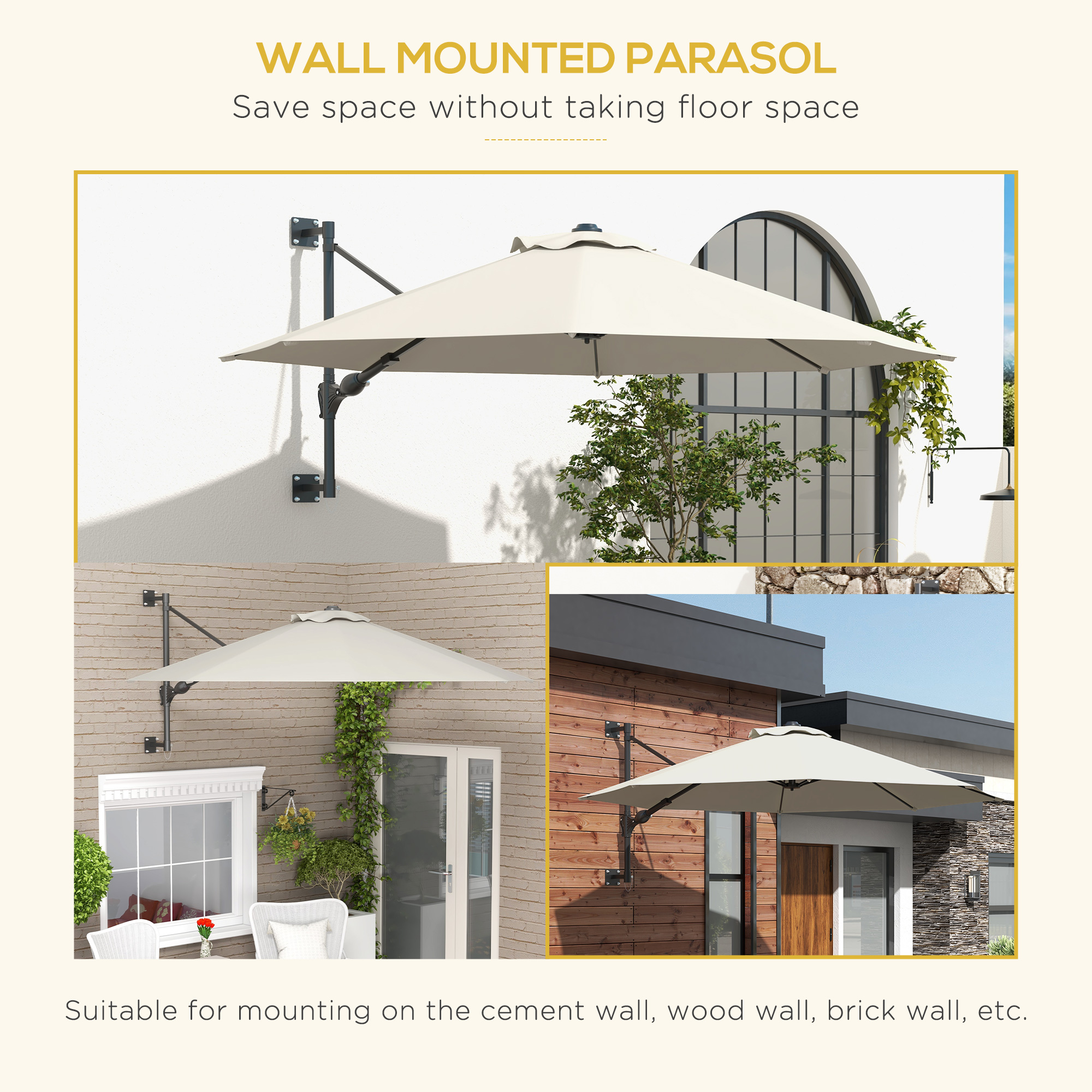 Outsunny 3m Wall-Mounted Parasol Shade, with Handle - Beige | Aosom UK