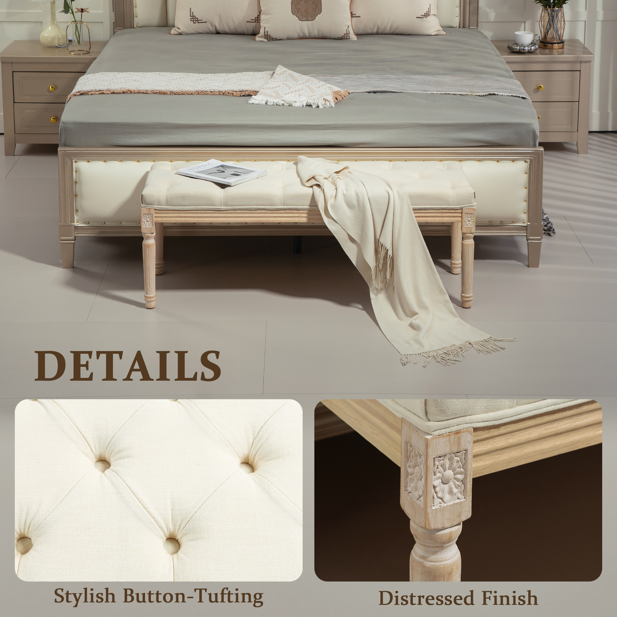 HOMCOM Vintage Wooden Bed End Bench - Cream White | Aosom UK