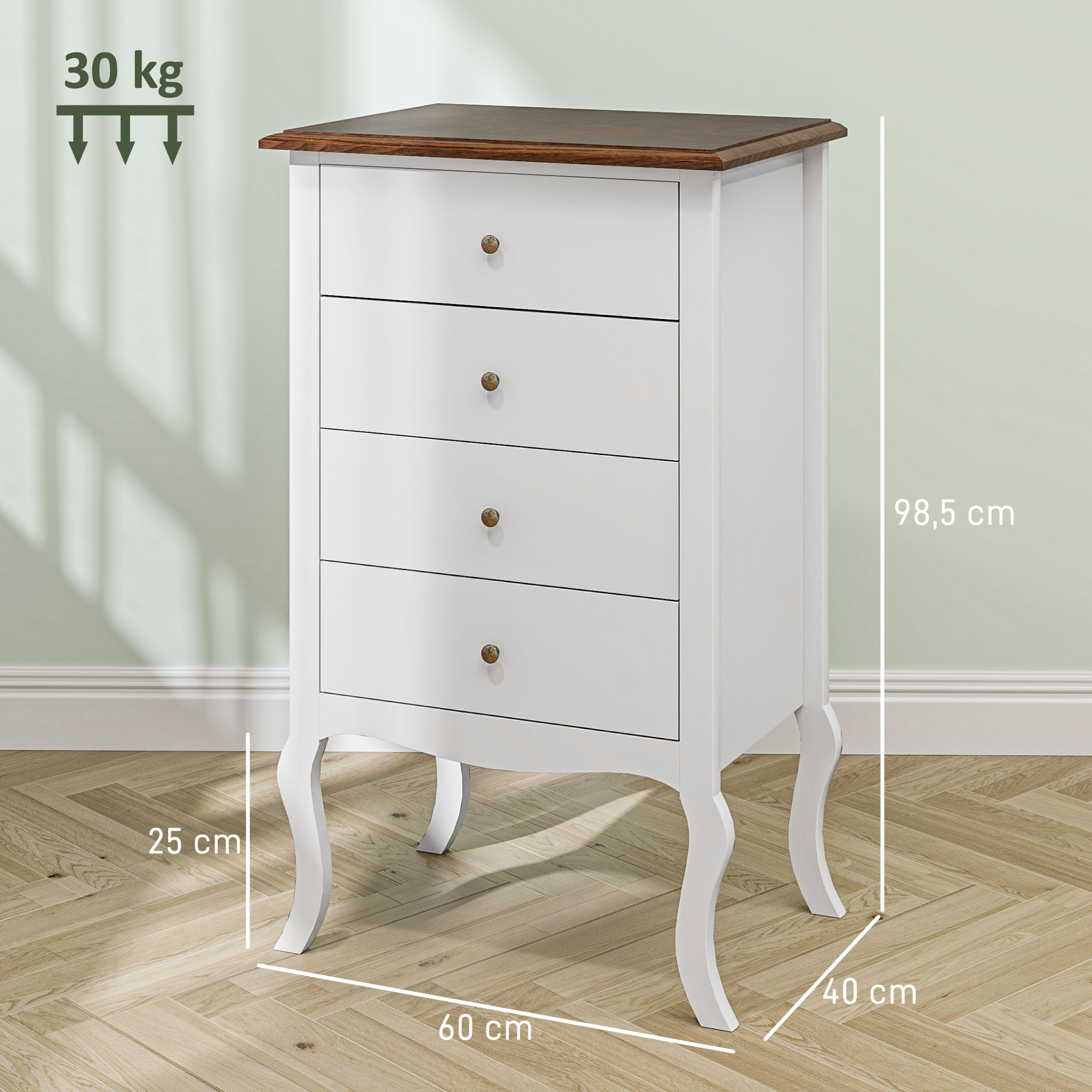 HOMCOM Cómoda com 4 Gavetas Cómoda para Dormitório Estilo Francês com ...