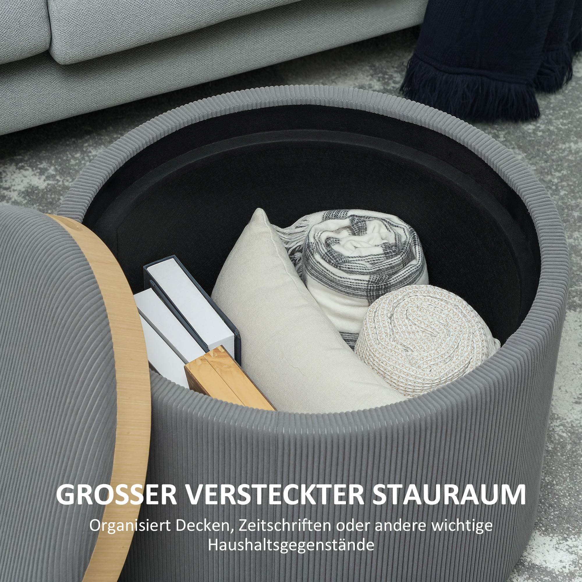 HOMCOM Aufbewahrungshocker mit Stauraum, rund, Fußstütze, Cordstoff ...