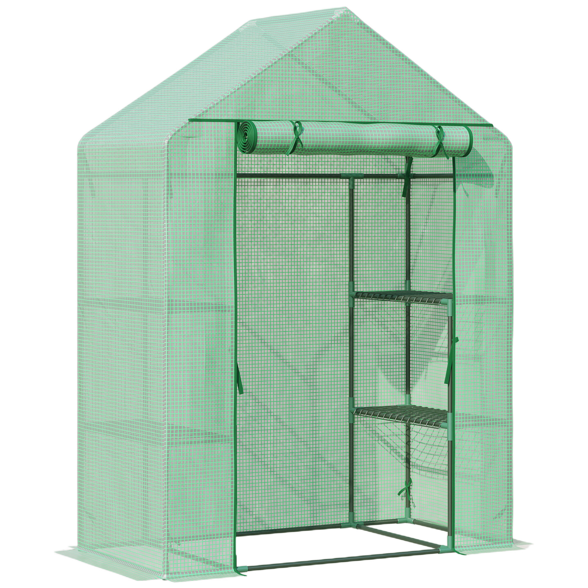 Outsunny Portable Greenhouse with 2 Tier Shelf, Roll-Up Zippered Door ...