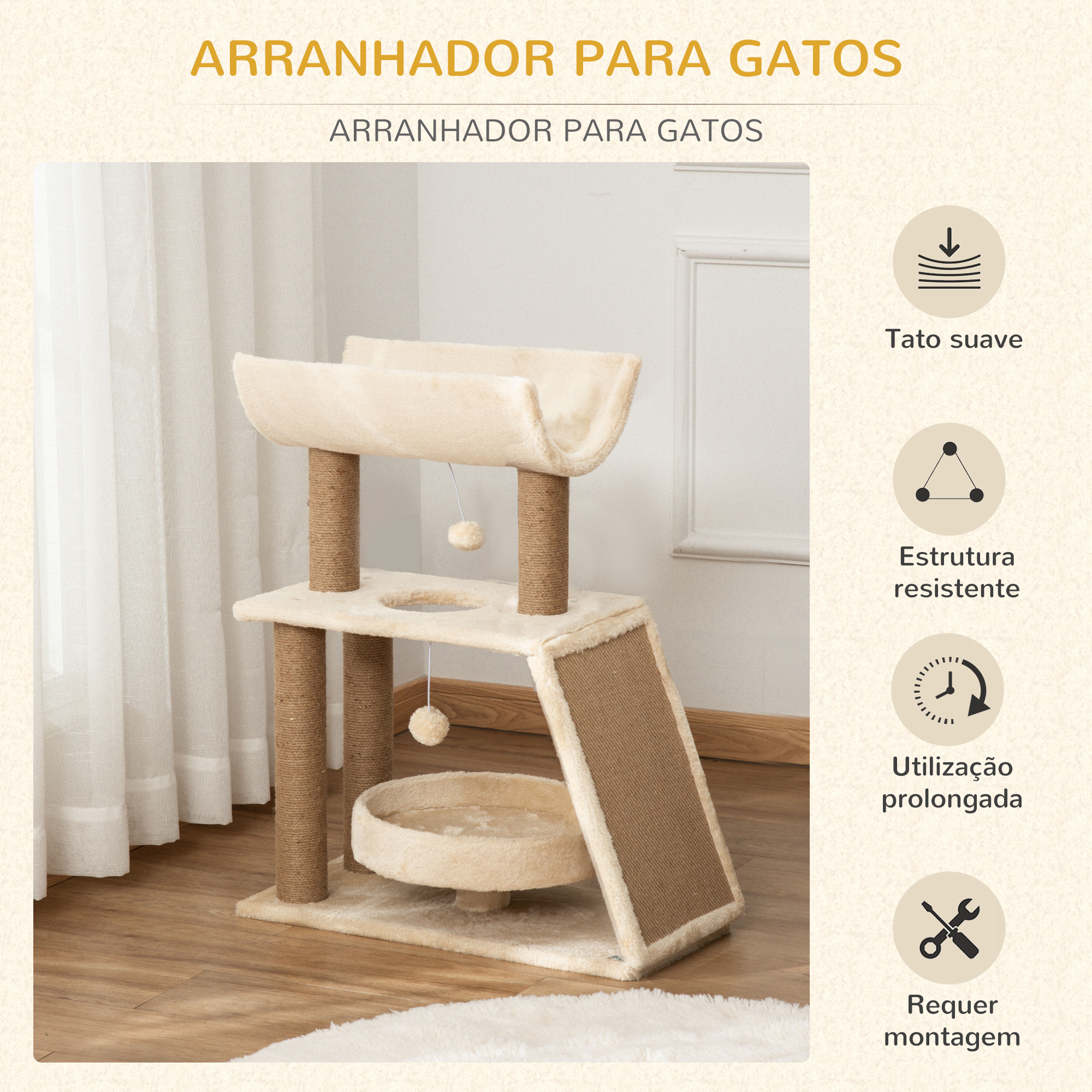 PawHut Arranhador para Gatos Altura 76 cm com 4 Postes de Arranhar Cama ...