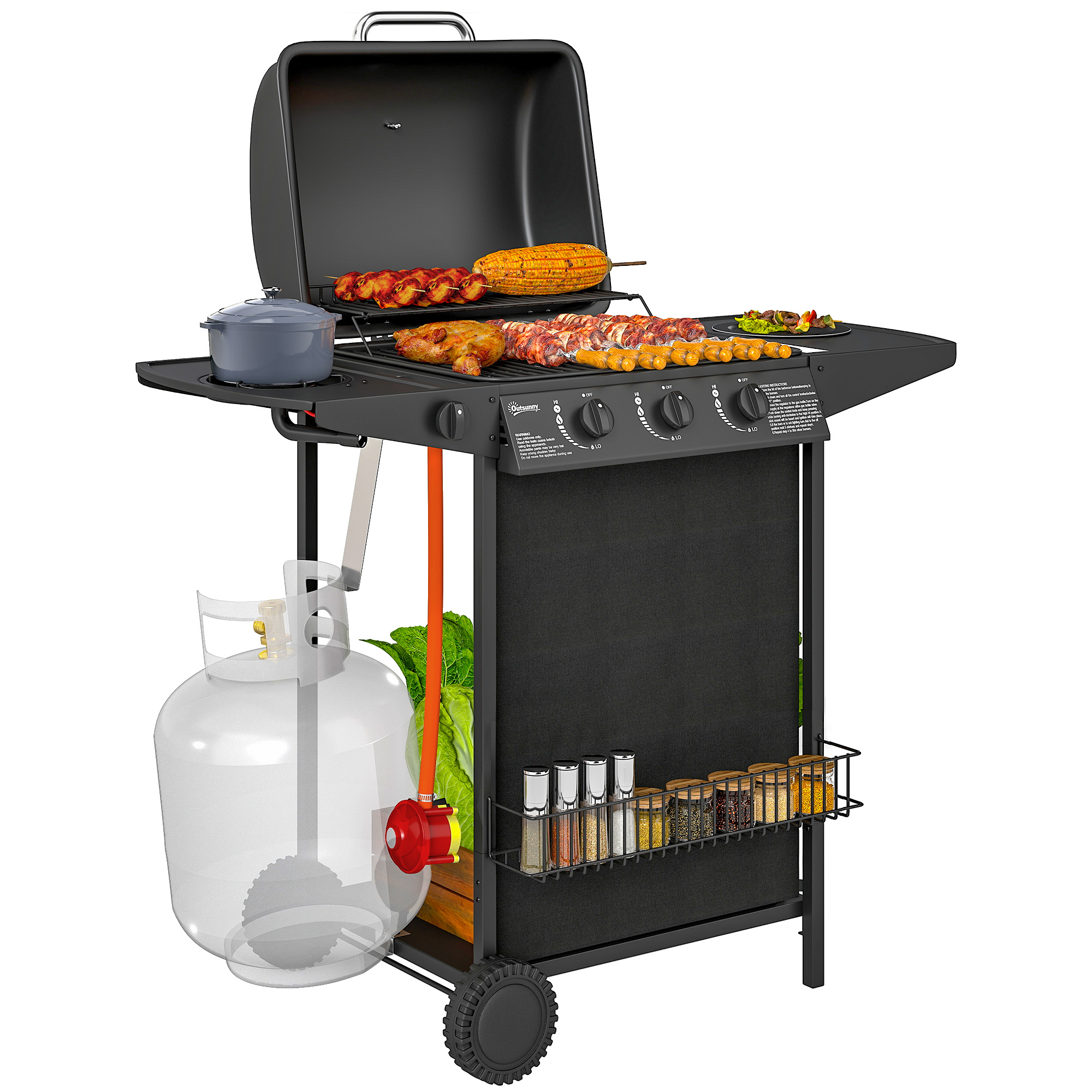 Outsunny 3+1 Burner Gas BBQ Grill, Portable Gas Barbecue Grill with ...