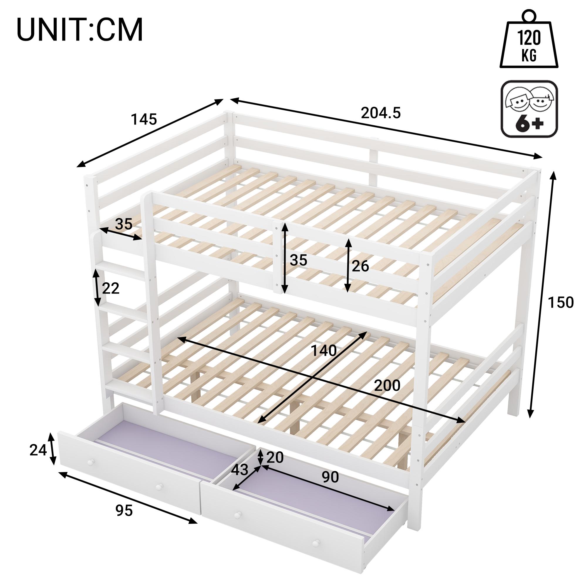 Litera infantil 140x200 cm,con cajones, Blanco | Aosom España