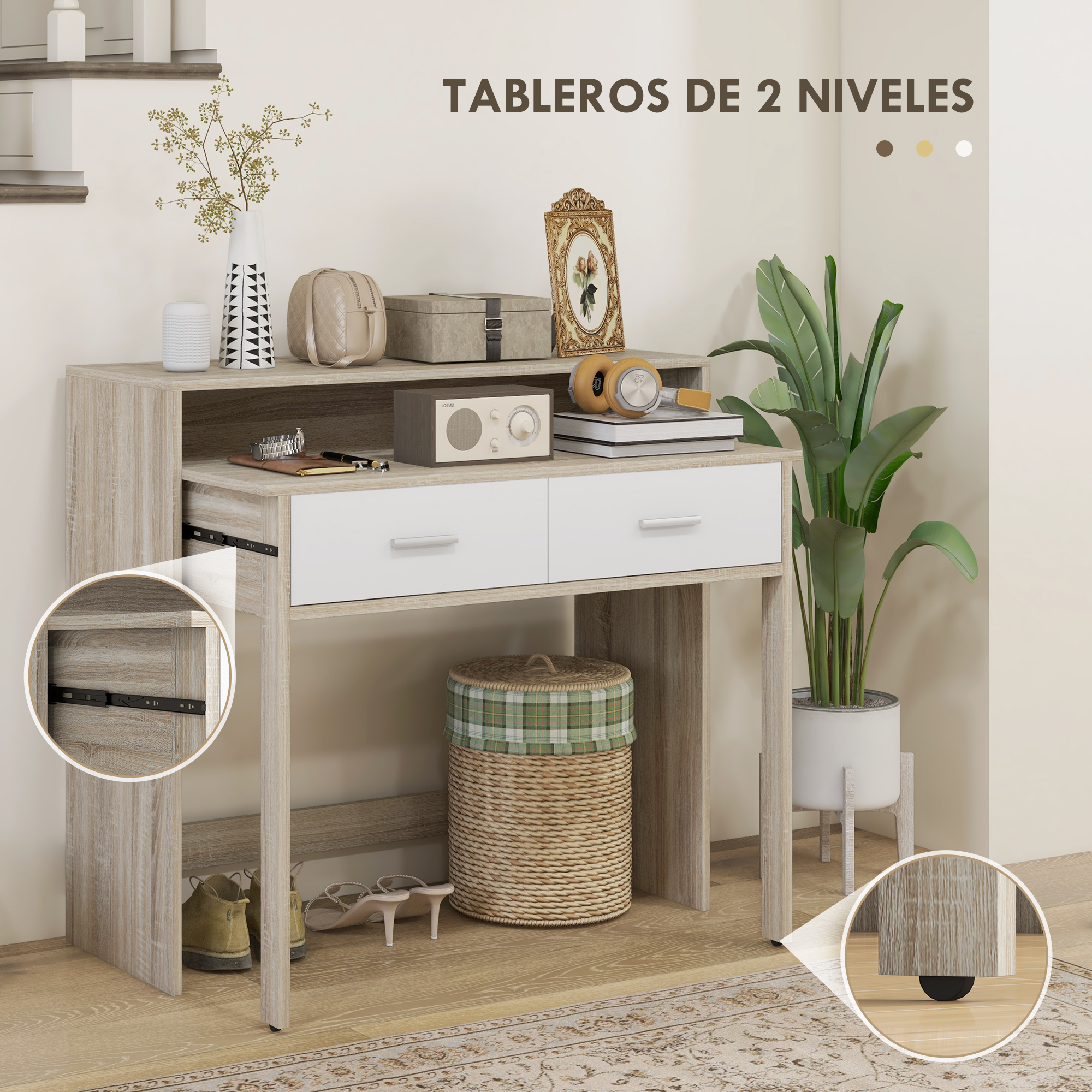 HOMCOM Mesa Consola Escritorio Extensible de 2 Niveles con Rieles ...