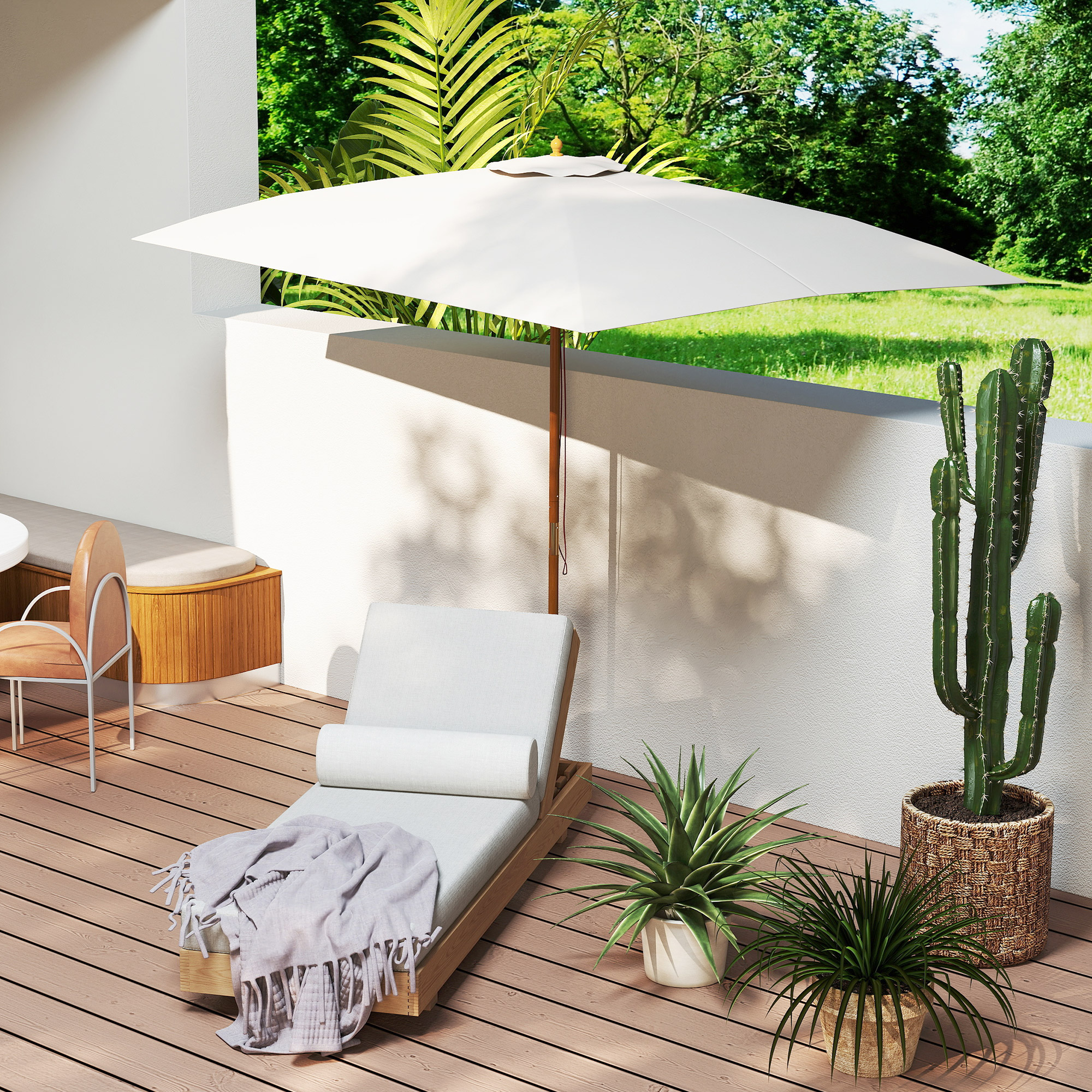 Outsunny Wooden Garden Parasol 3x2m Patio Umbrella Cream Sun Shade ...