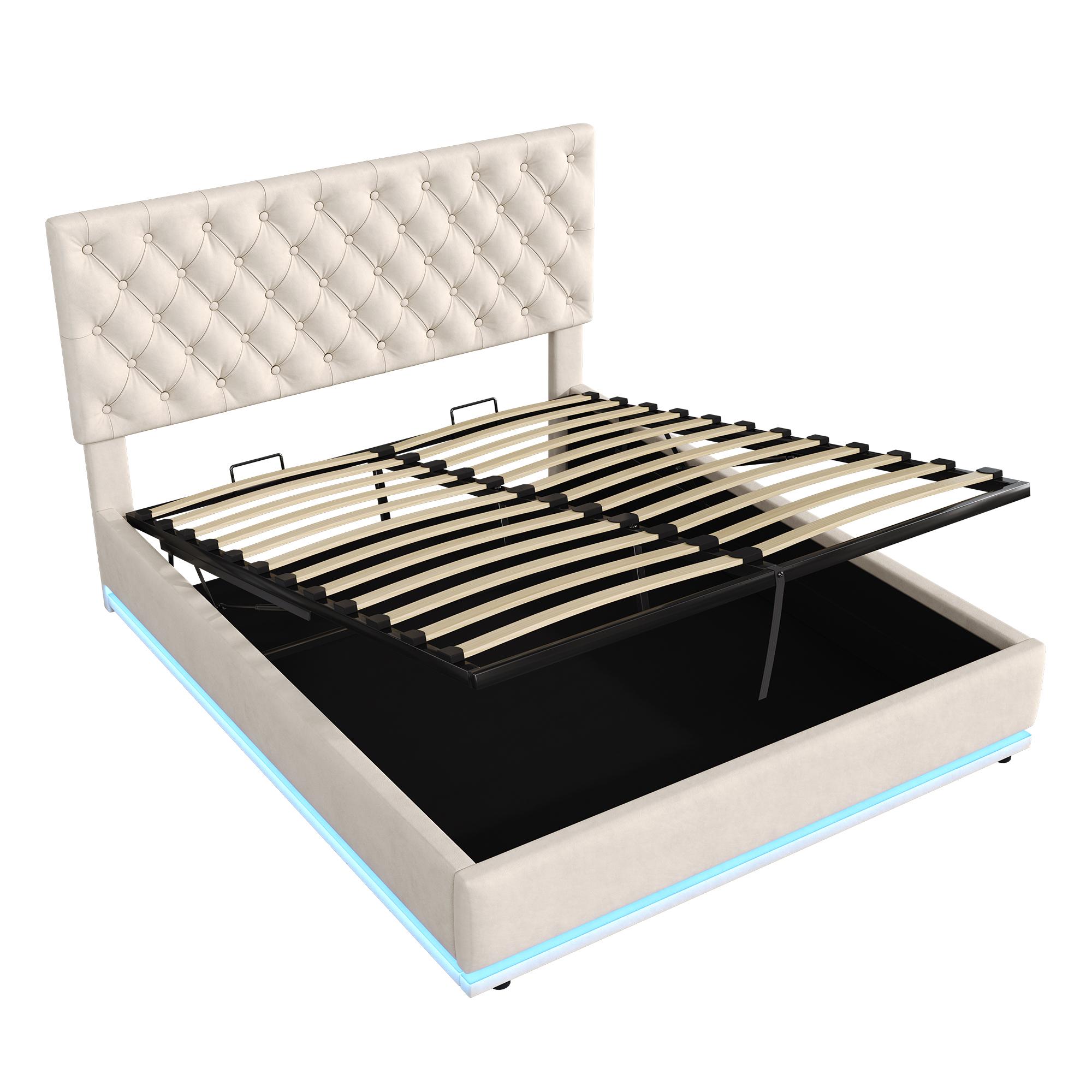 Ottoman Double Bed with LED Lighting, Beige | Aosom UK