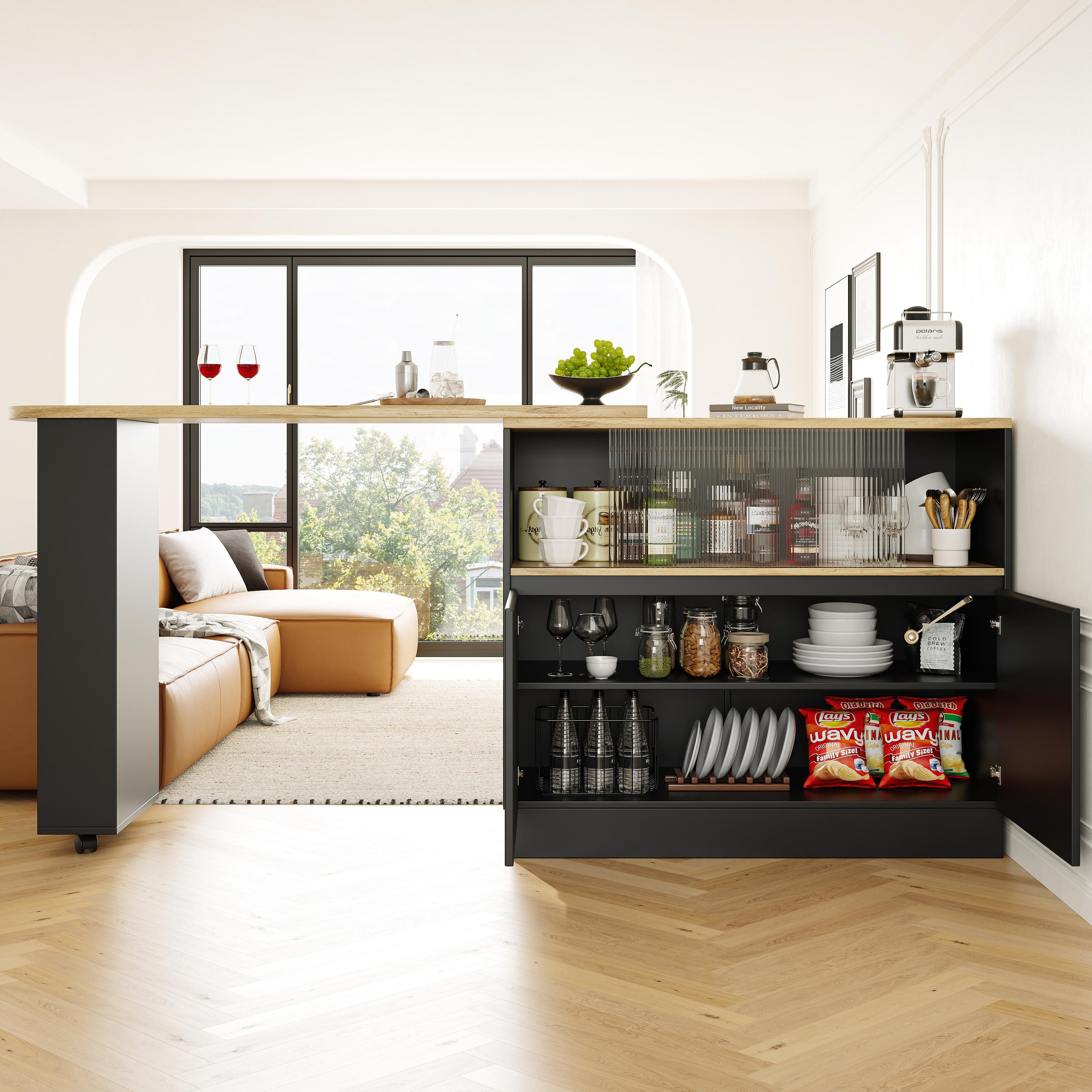 360° Swivelling Dining Bar Cabinet with Sliding Glass Doors, Black ...