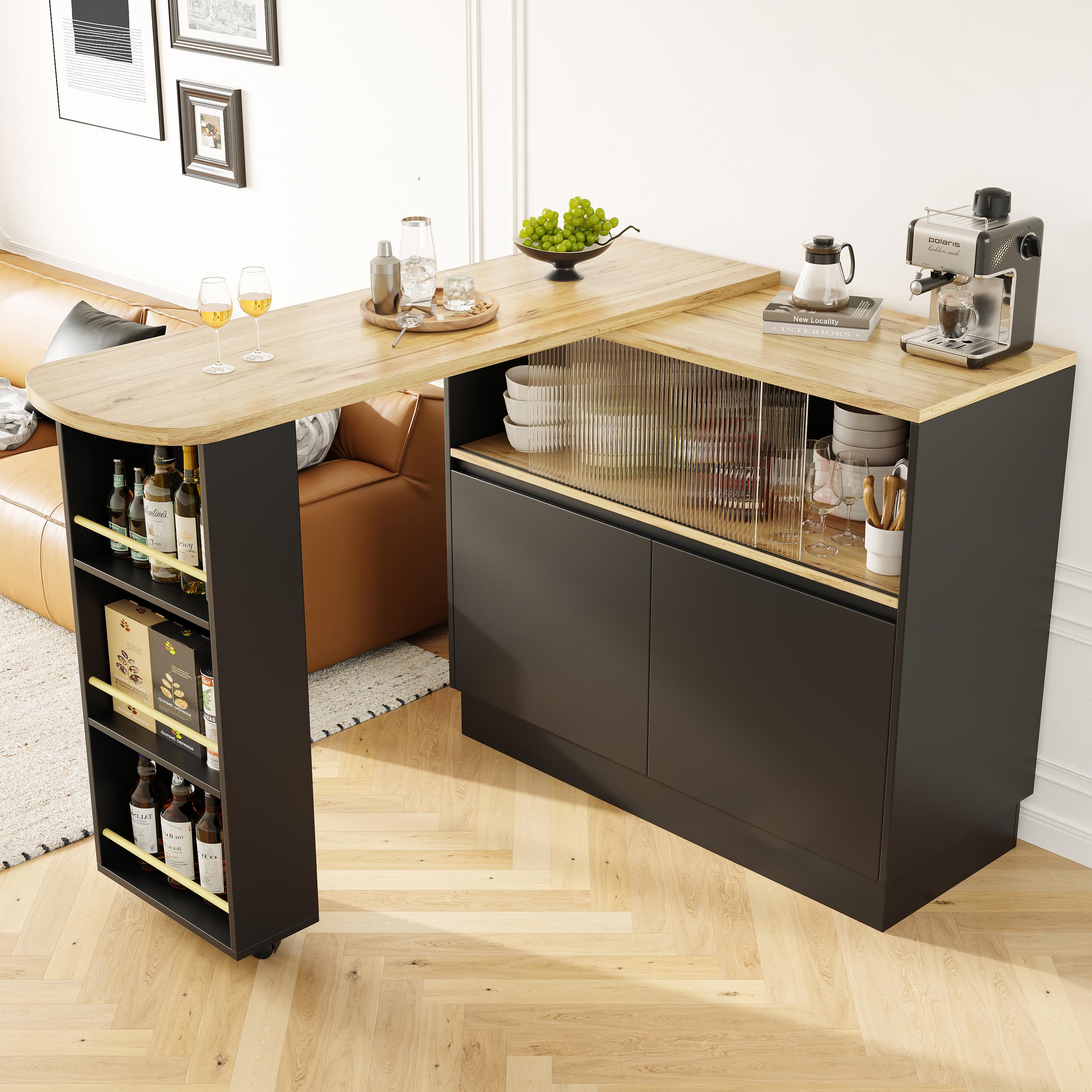 360° Swivelling Dining Bar Cabinet with Sliding Glass Doors, Black ...
