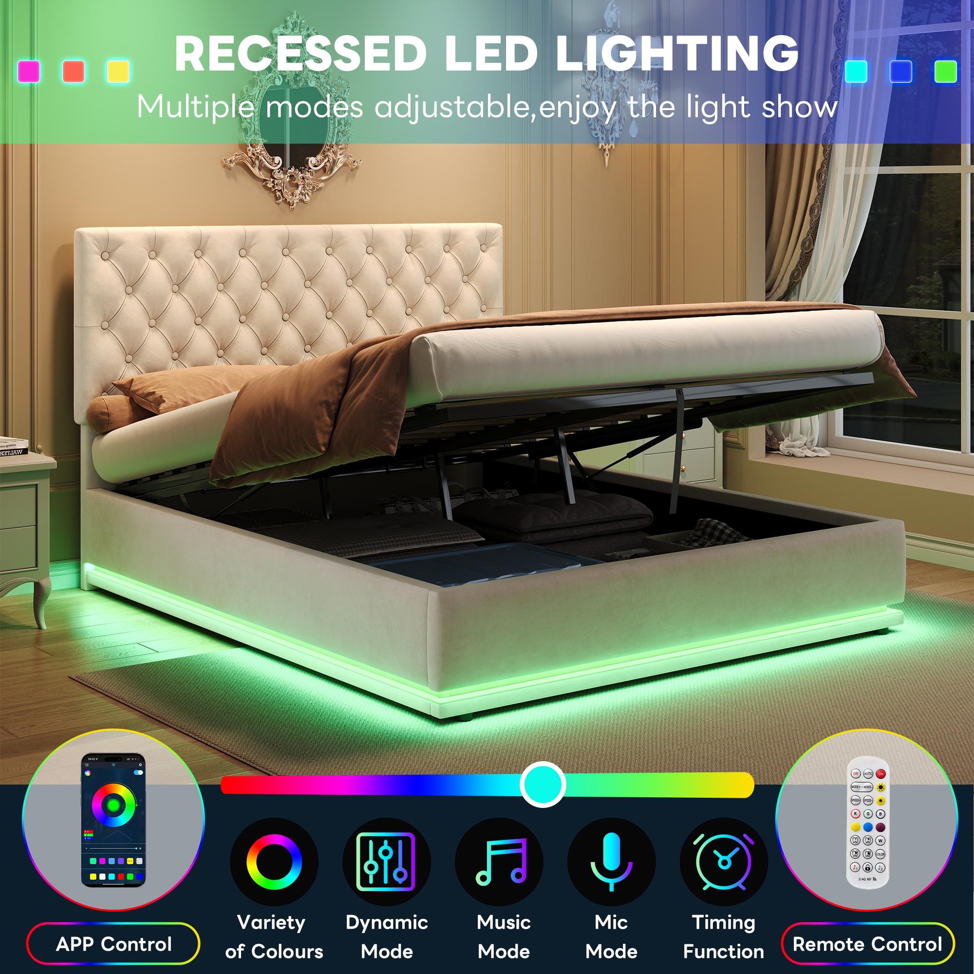 Ottoman Double Bed with LED Lighting, Beige | Aosom UK