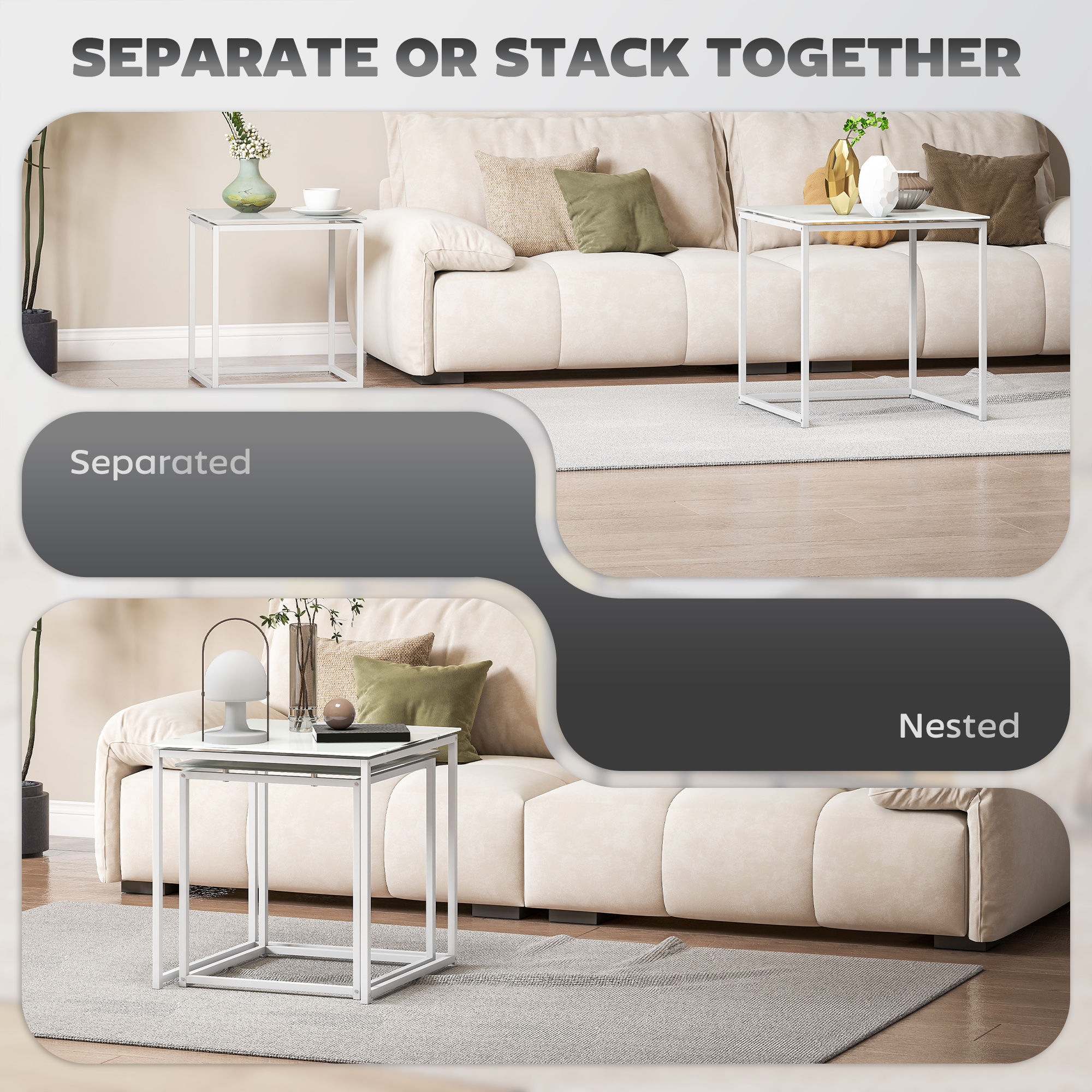 HOMCOM Nest of Tables, Set of 2 Coffee Table, Side Tables with Tempered ...