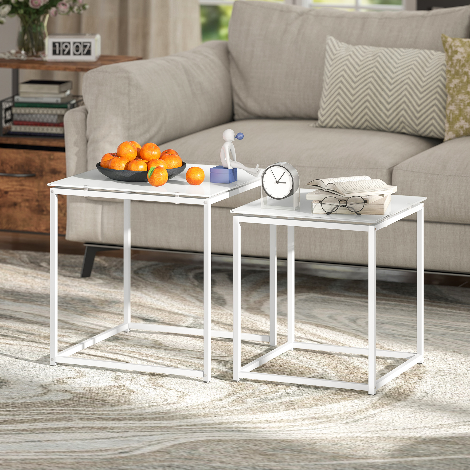 HOMCOM Nest of Tables, Set of 2 Coffee Table, Side Tables with Tempered ...