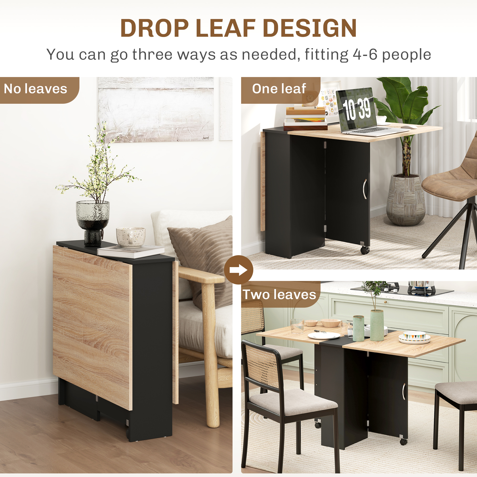 HOMCOM Folding Dining Table, Drop Leaf Table for Small Spaces with 2 ...