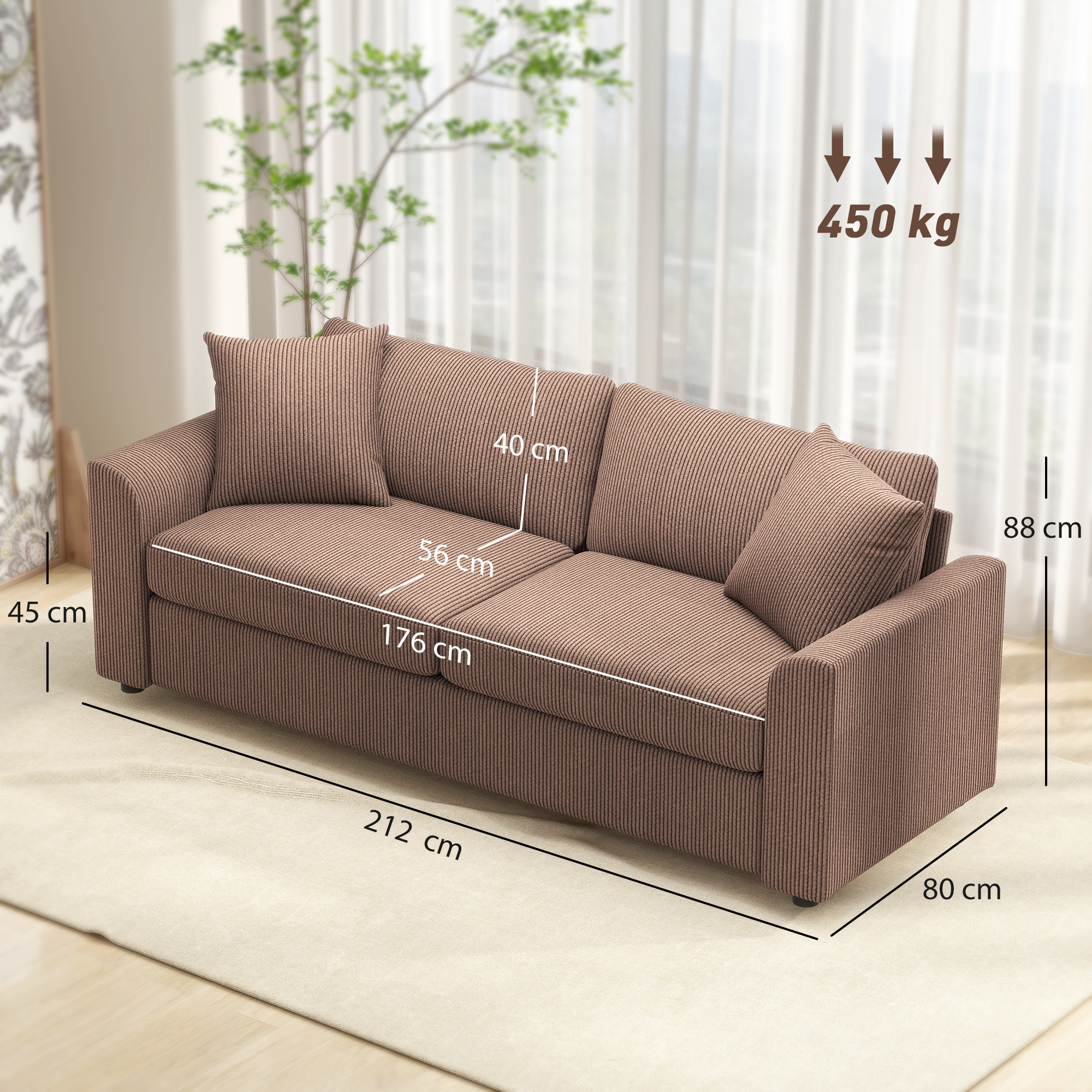 HOMCOM Modern 3 Seater Sofa with Spring Cushion, 212 cm Fabric Jumbo ...