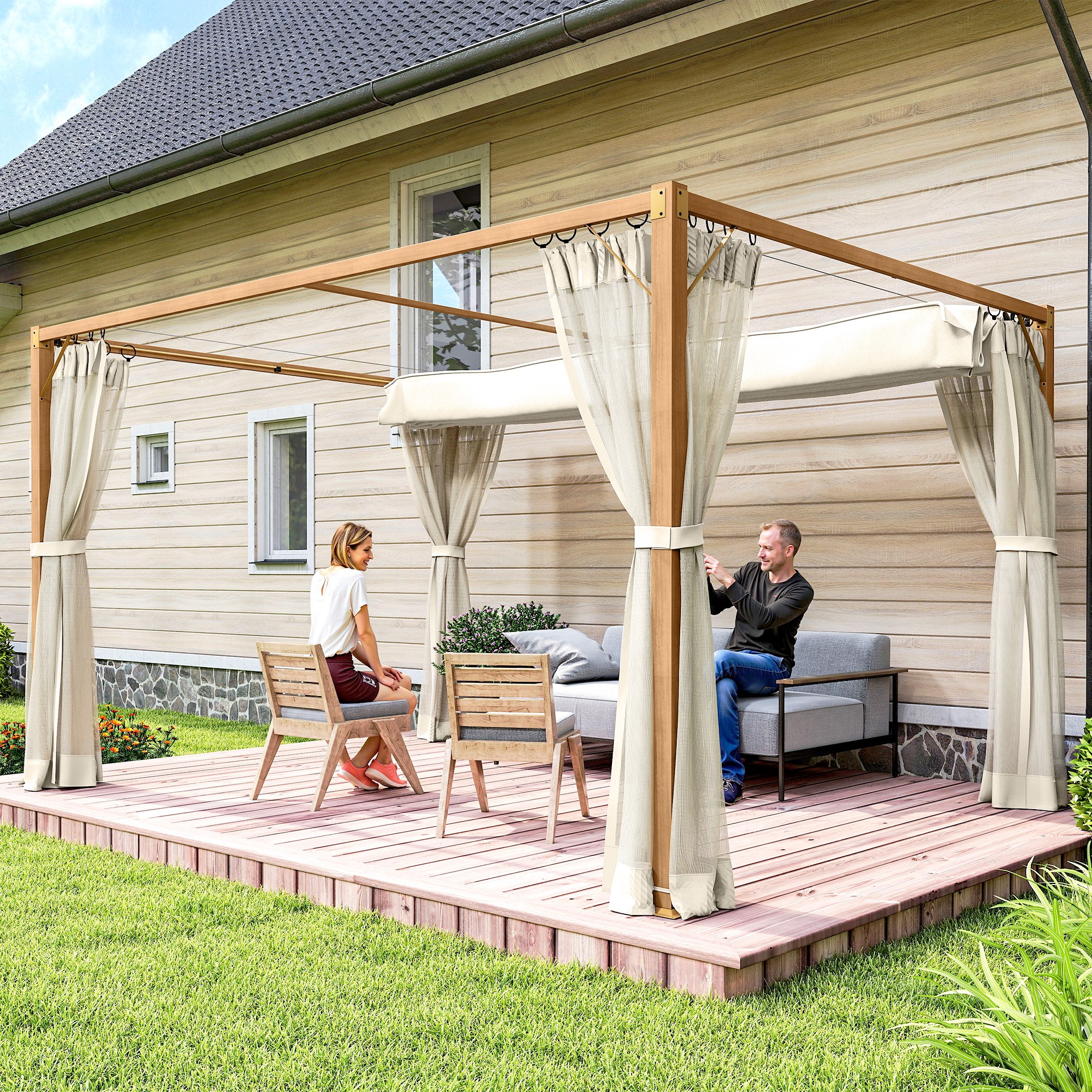 Outsunny Pérgola de Jardín 4x3 m con Techo Retráctil Mosquiteras ...
