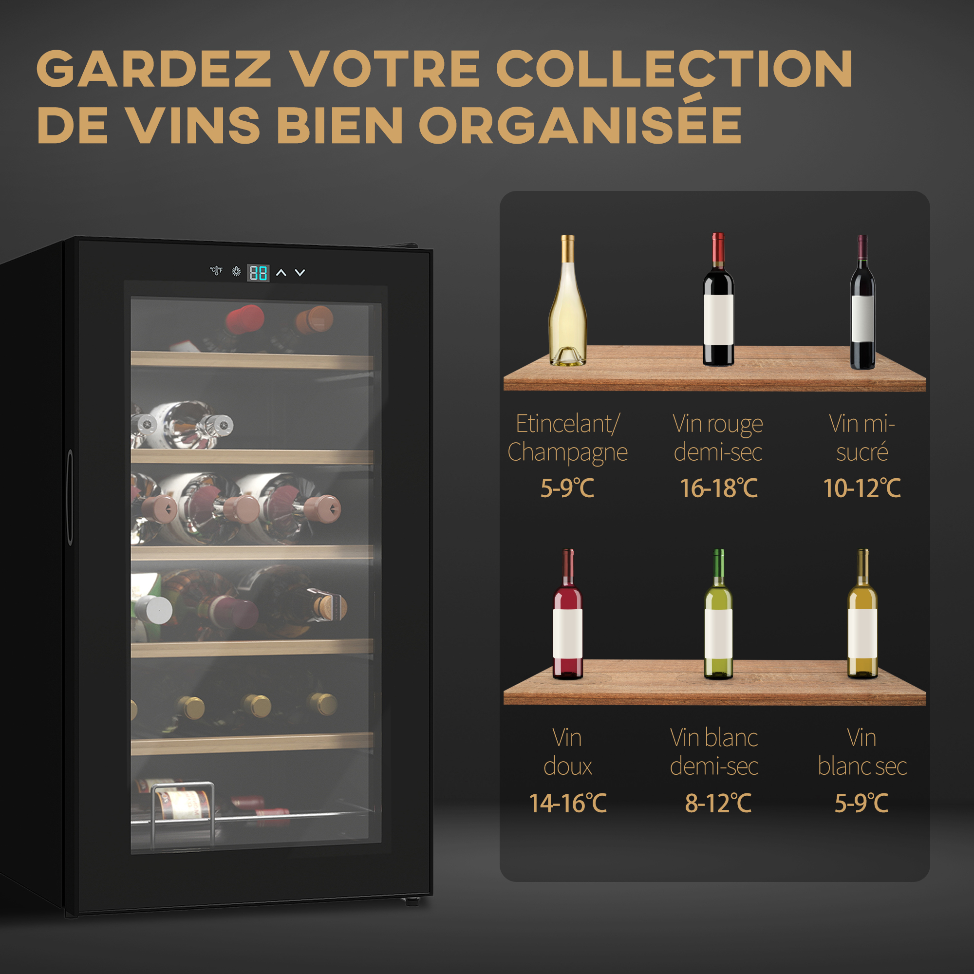 HOMCOM Cave à vin 24 bouteilles 65L haute performance température ...