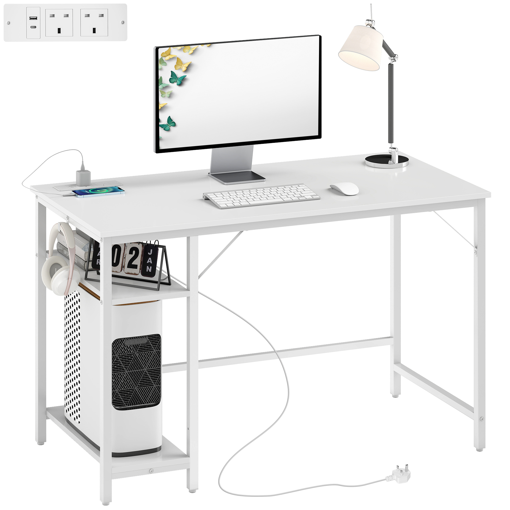 HOMCOM 120 x 60 cm Computer Desk with Power Outlets and Reversible ...