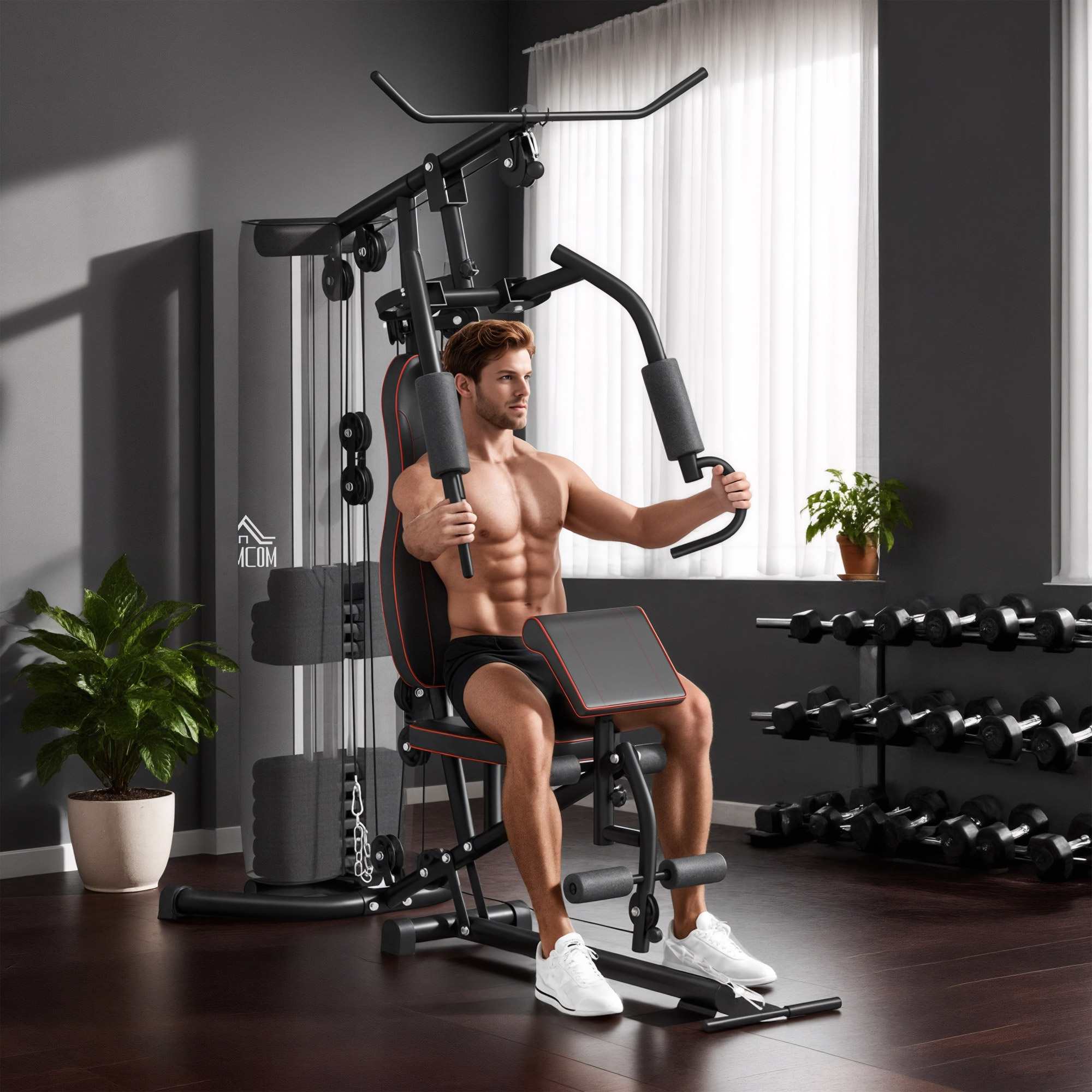 HOMCOM Multi-Functional Home Gym Workout Station, 45Kg Weight Stack ...