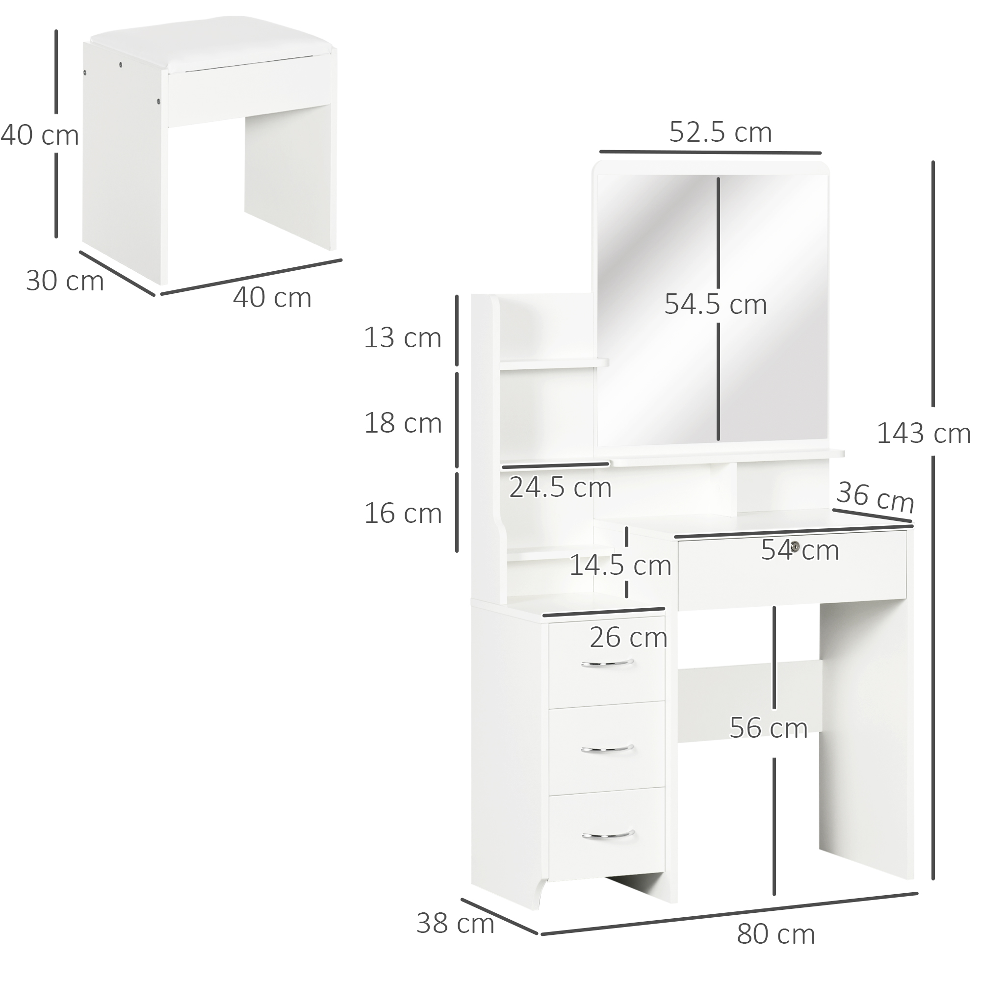 HOMCOM Tavolo Trucco con Specchio, Sgabello e Cassetti Bianco | Aosom Italy