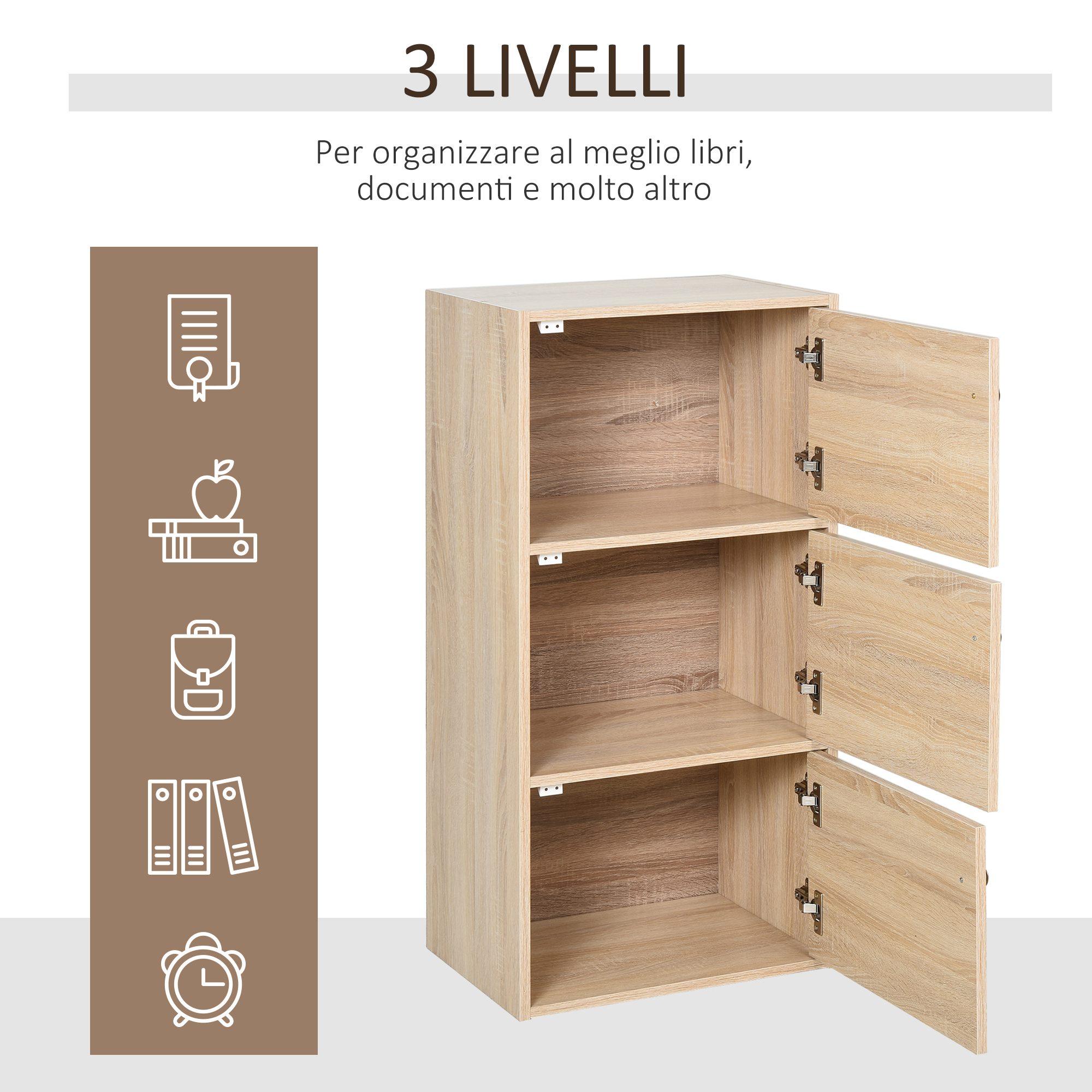 Mobiletto Multiuso con 3 Ripiani e 3 Ante in Legno