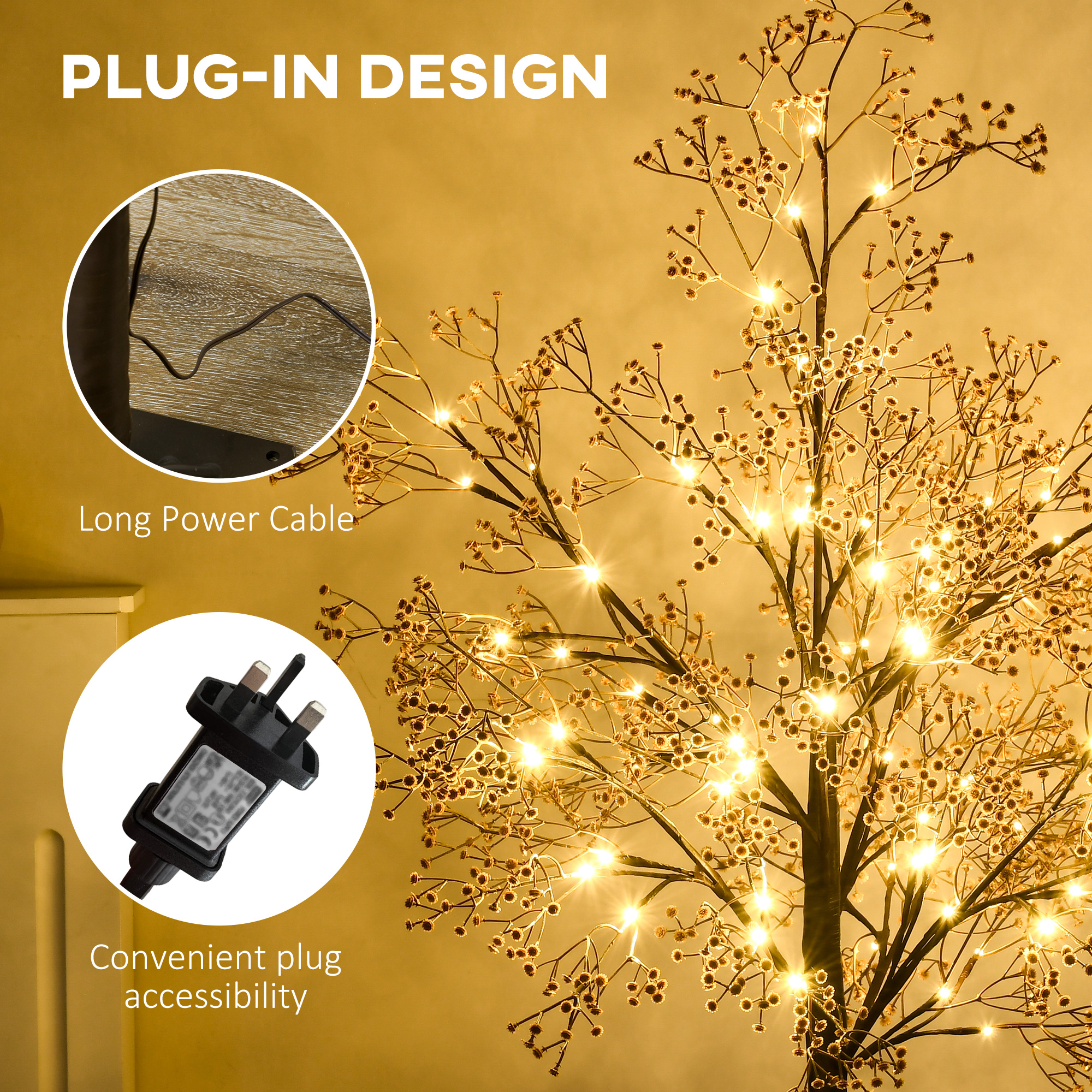 HOMCOM 4ft Artificial Gypsophila Blossom Tree Light with 72 Warm White ...