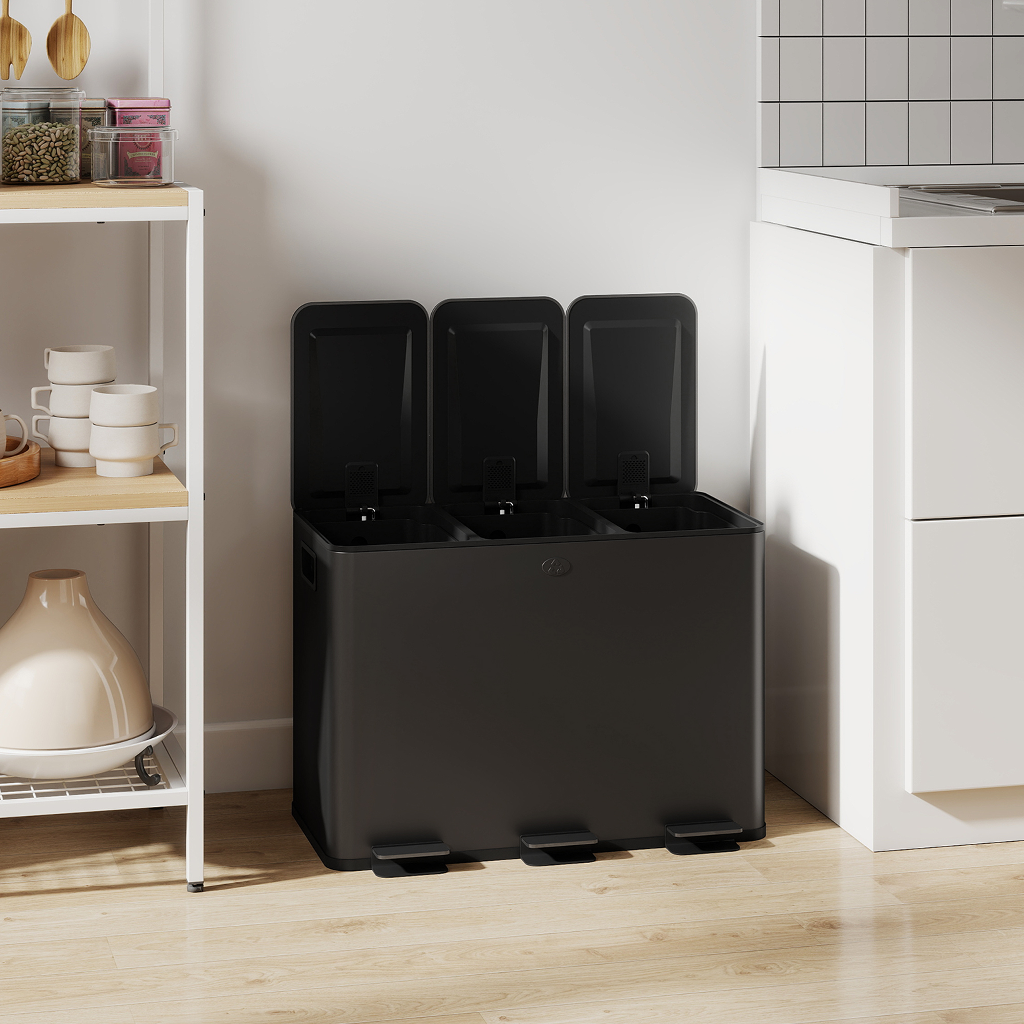 HOMCOM 3 x 15L Pedal Bin, Steel Triple Kitchen Bin with Soft Close Lid ...