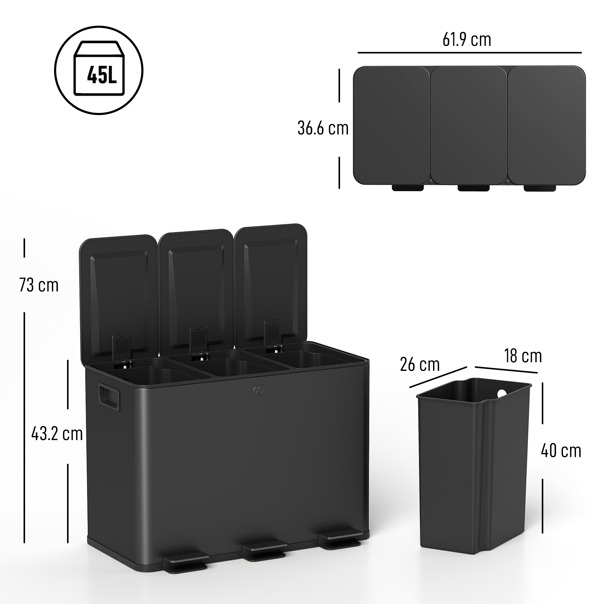 HOMCOM 3 x 15L Pedal Bin, Steel Triple Kitchen Bin with Soft Close Lid ...