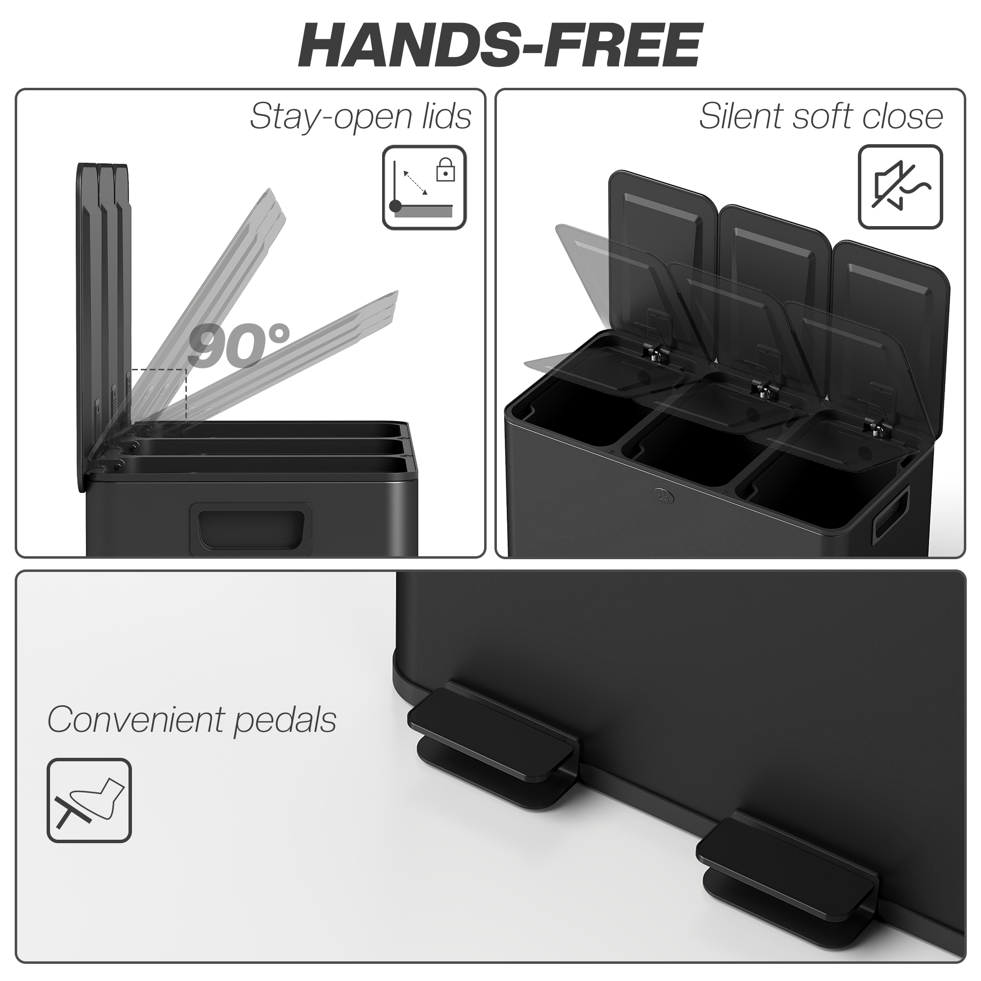 HOMCOM 3 x 15L Pedal Bin, Steel Triple Kitchen Bin with Soft Close Lid ...