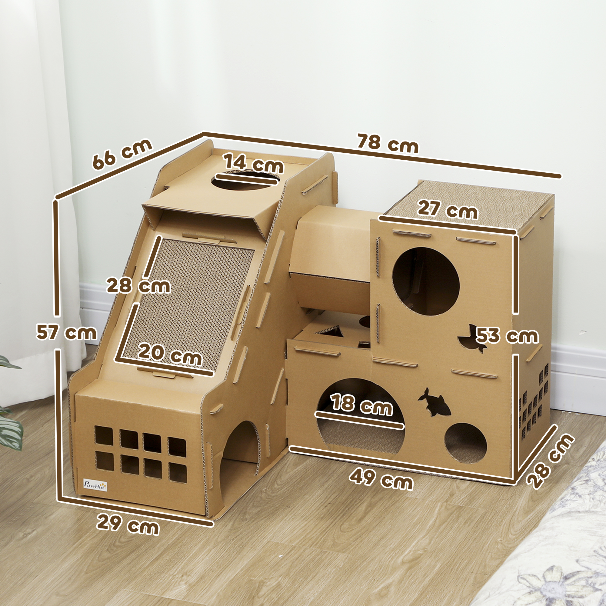 PawHut Casa para Gatos de Cartón Forma Castillo 2 Niveles con 3 Zonas ...