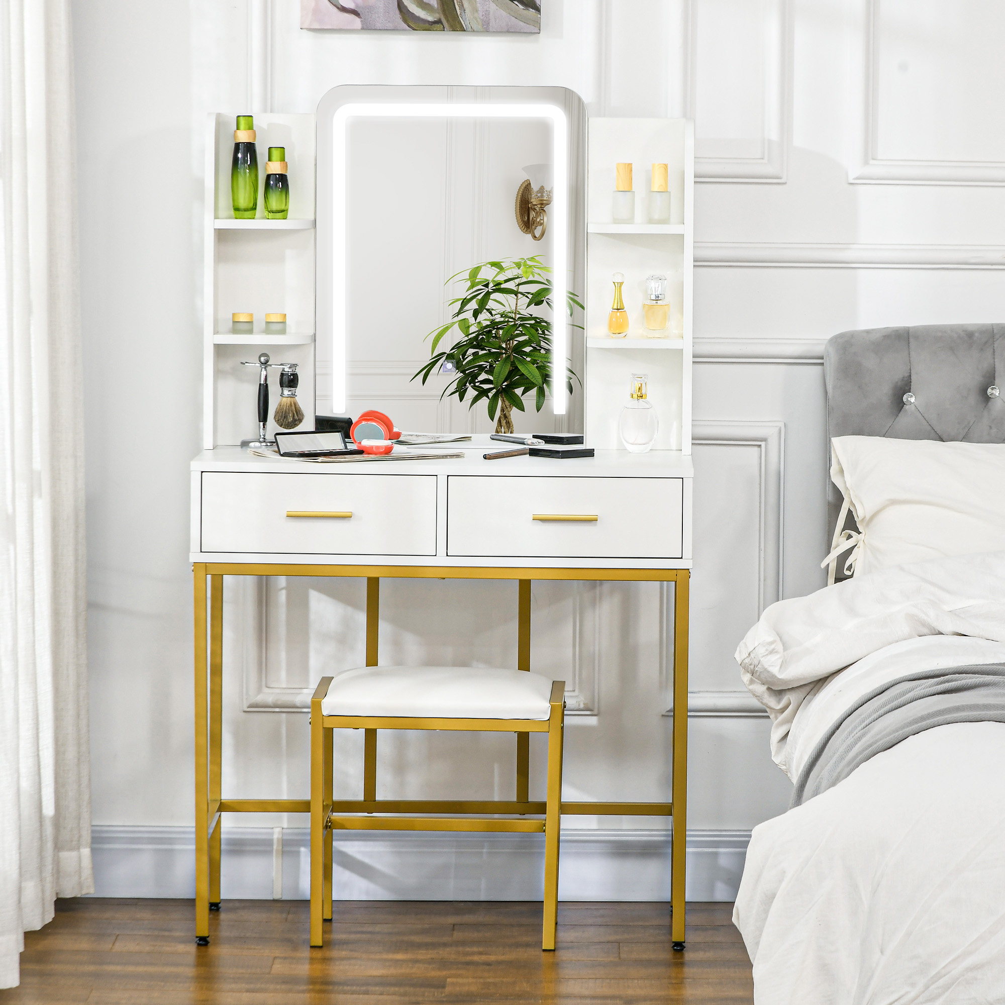 HOMCOM LED Light Dressing Table, with Stool - White | Aosom UK