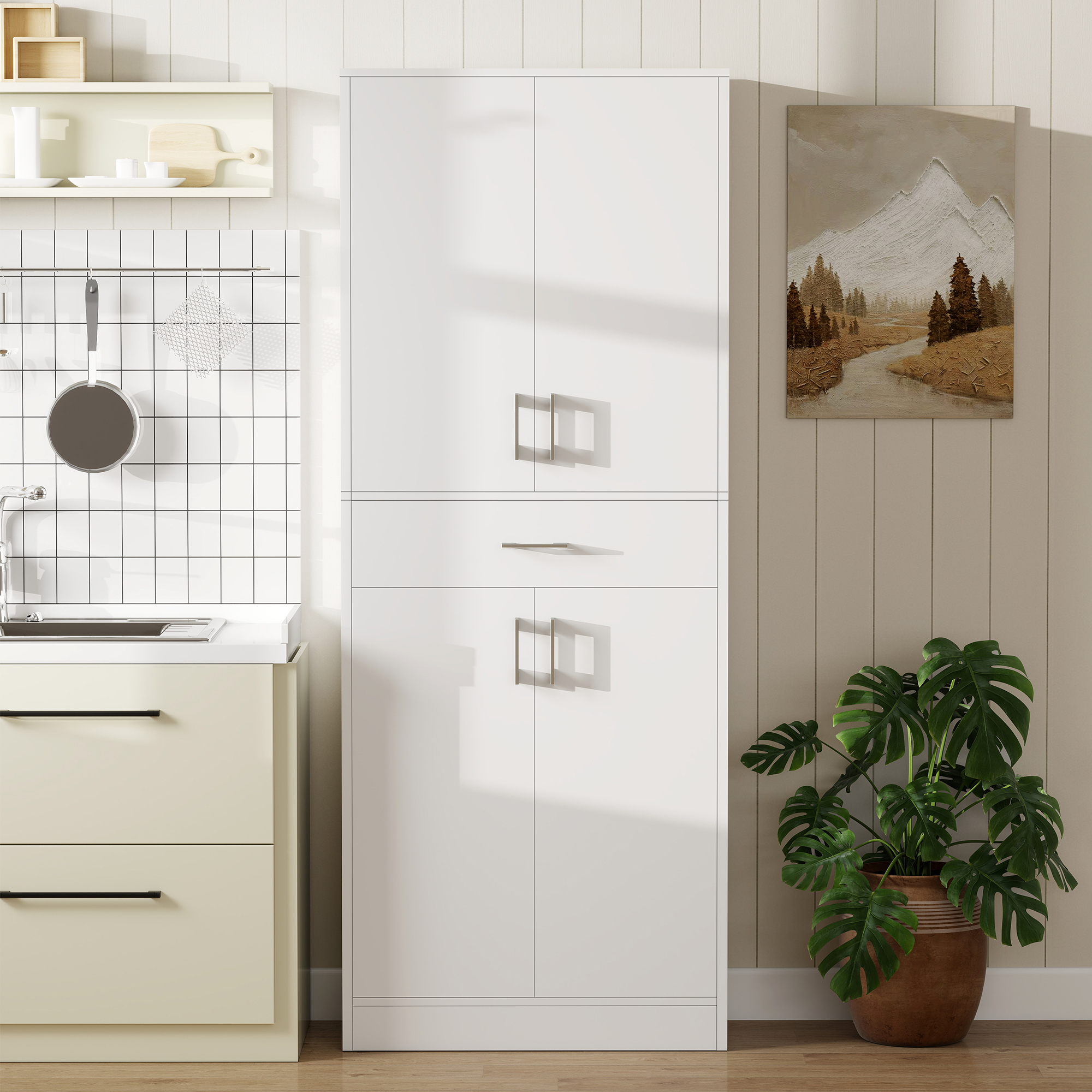HOMCOM Buffet haut armoire de cuisine 4 portes 2 placards et 1 tiroir ...