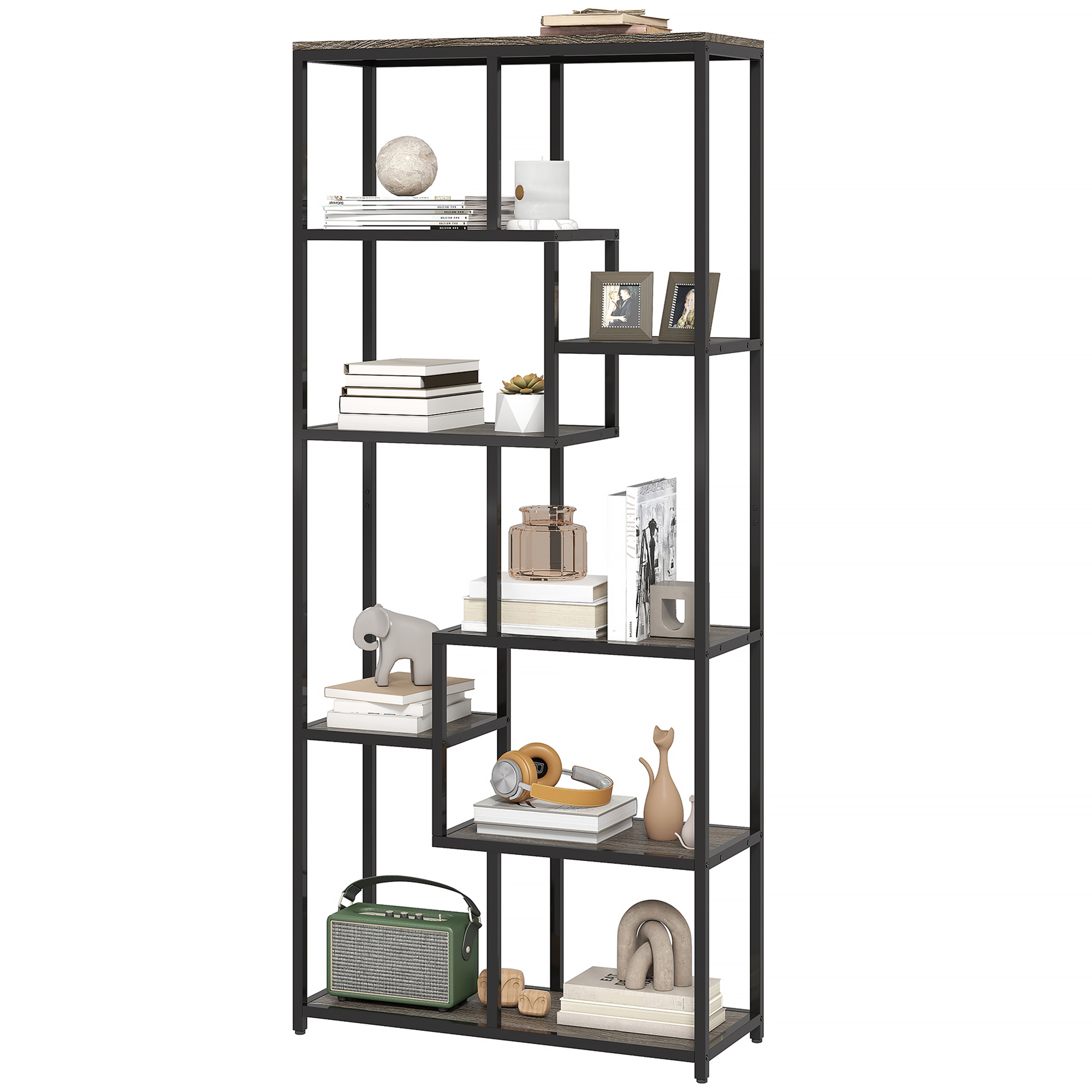 HOMCOM Seven-Tier Geometric Bookcase - Grey/Black | Aosom UK